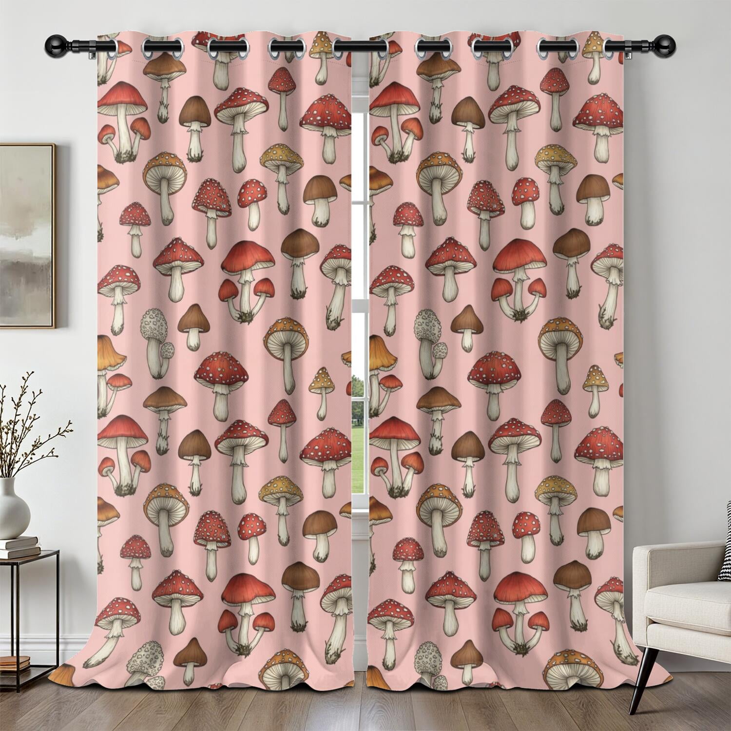 Mushroom and Toadstool Pink Pattern Blackout Curtains,Triple Weaved ...