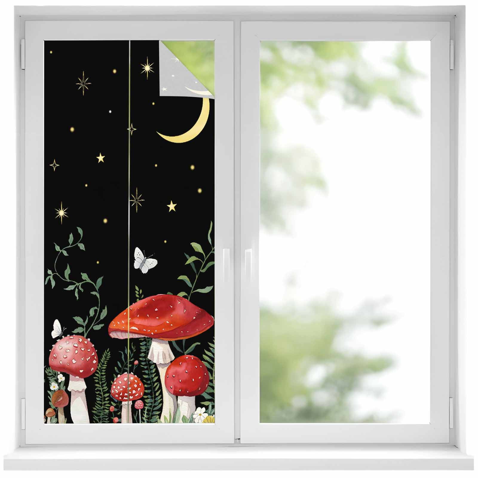 Mushrooms Black Window Privacy Film, Botanical Leaf Butterflies Country ...