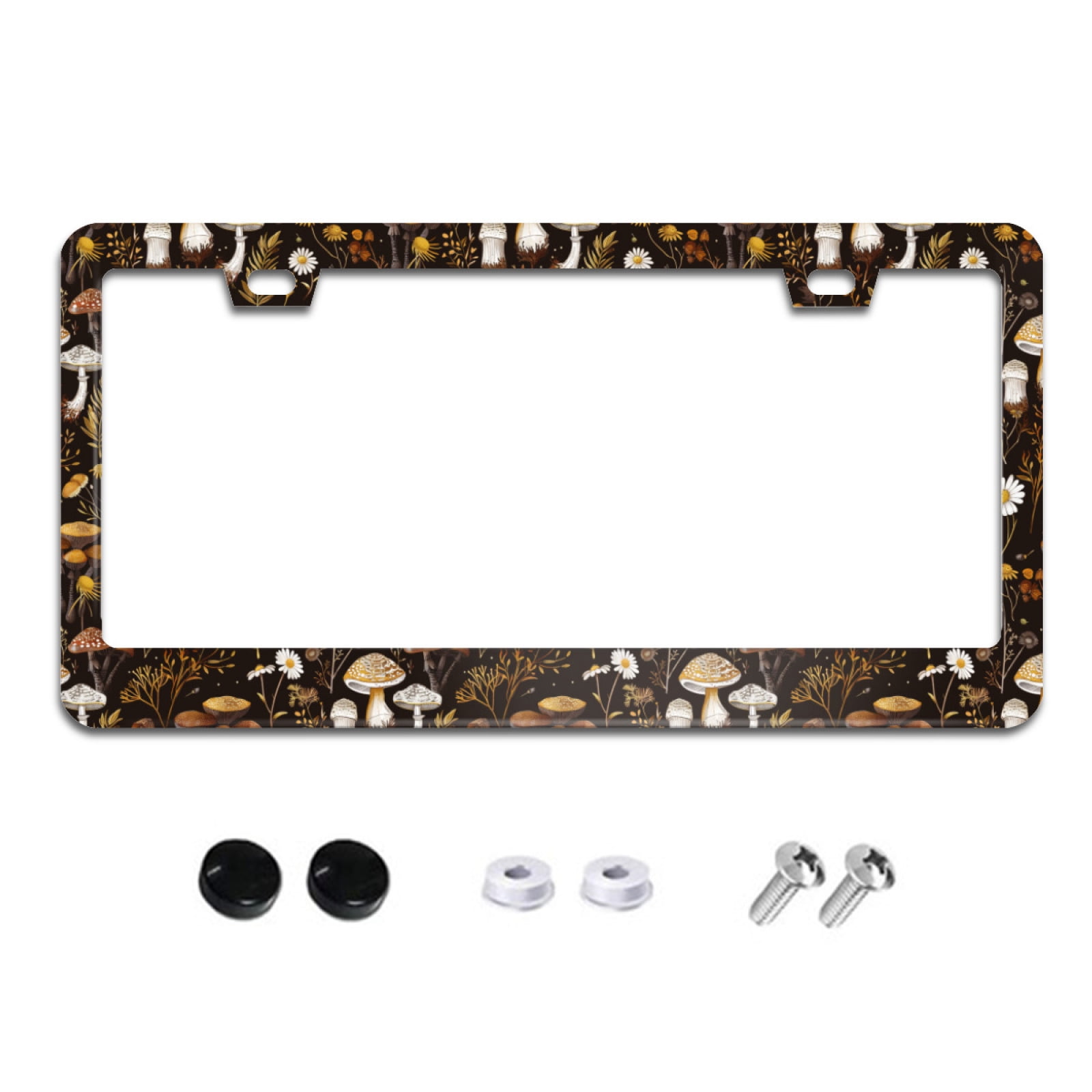 Mushrooms and Daisies on Dark Brown License Plate Frames for Women Men ...