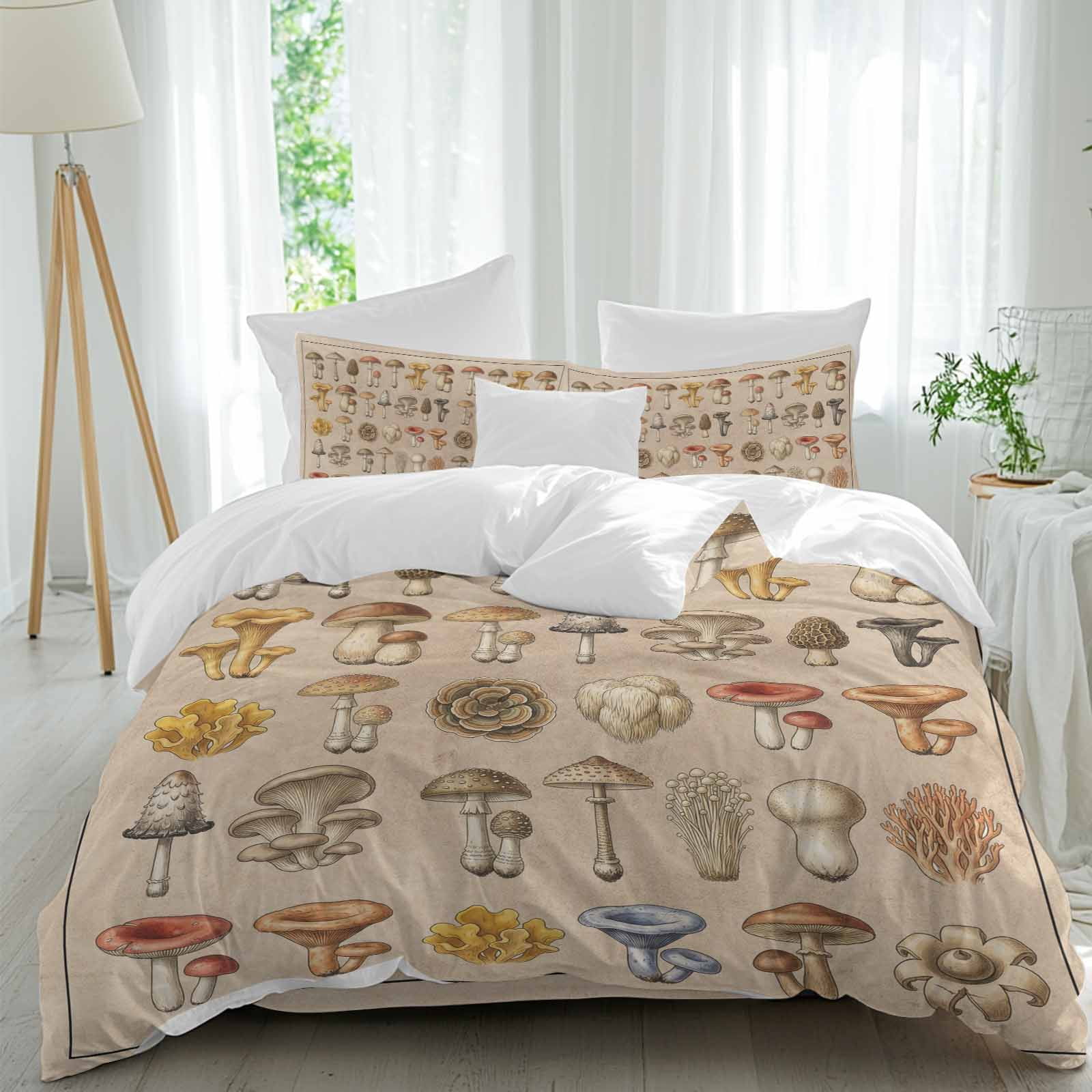 Mushrooms Duvet Cover Set King Size, Retro Mushroom Plants Biographies ...