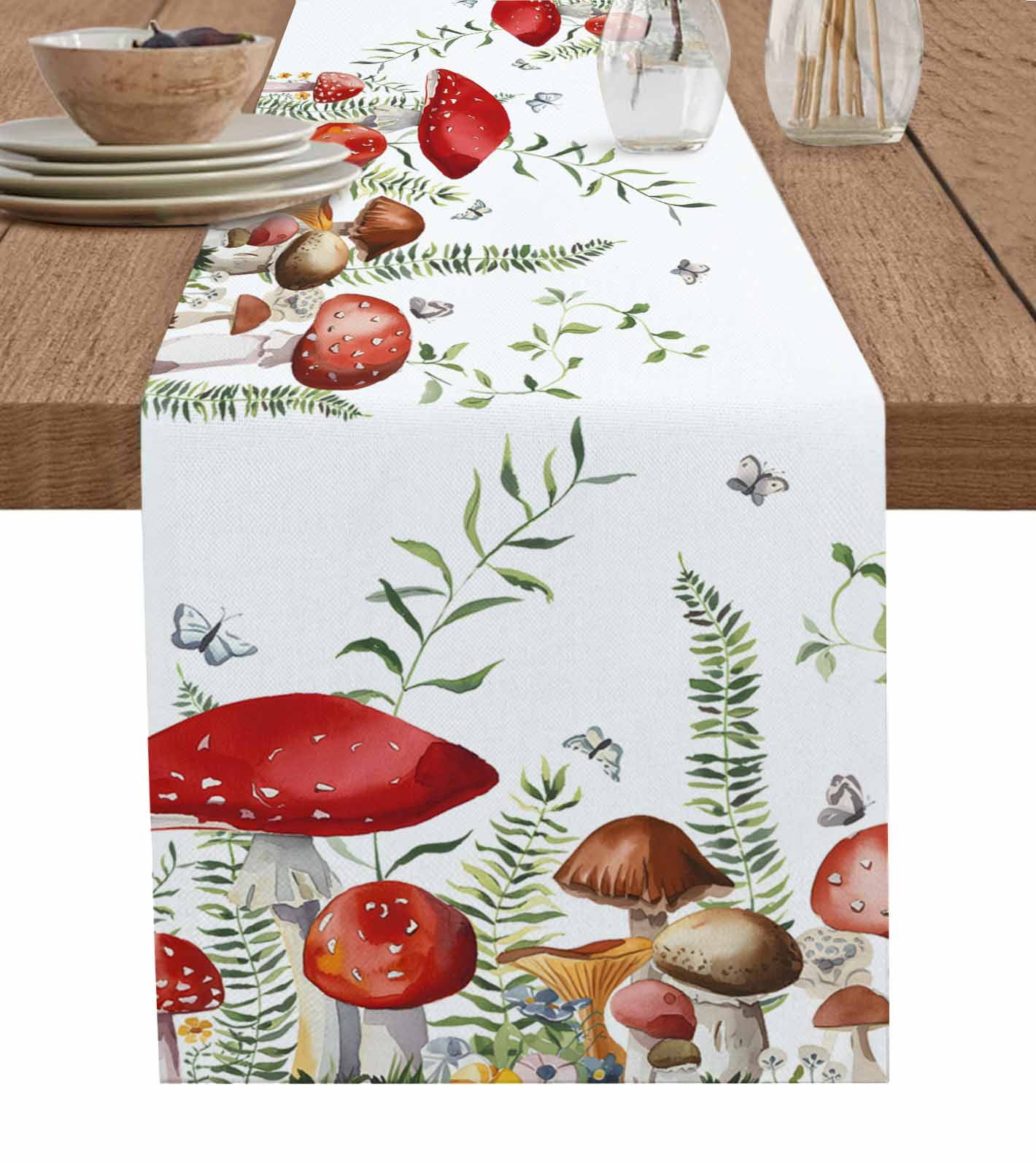Mushrooms Eucalyptus Table Runner Sage Green Botanical Butterflies ...