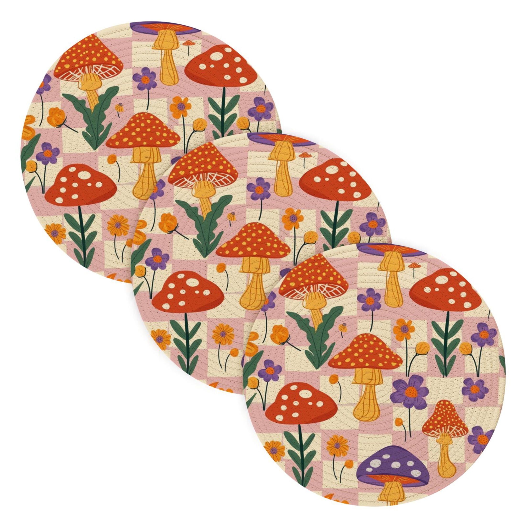Mushrooms Flowers Leaf 3 Pcs Pot Holders Trivets Set Woven Heat ...