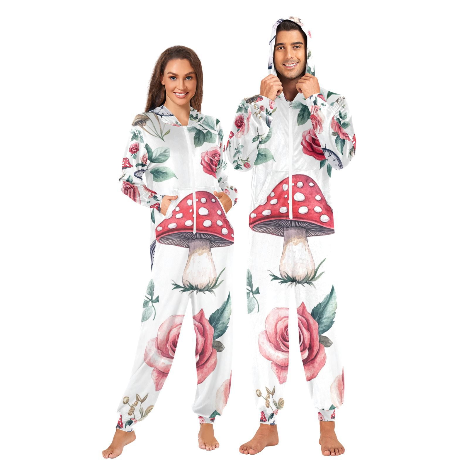 Mushrooms Flowers Roses Adult Onesie Pajamas Slim Fit Christmas One ...