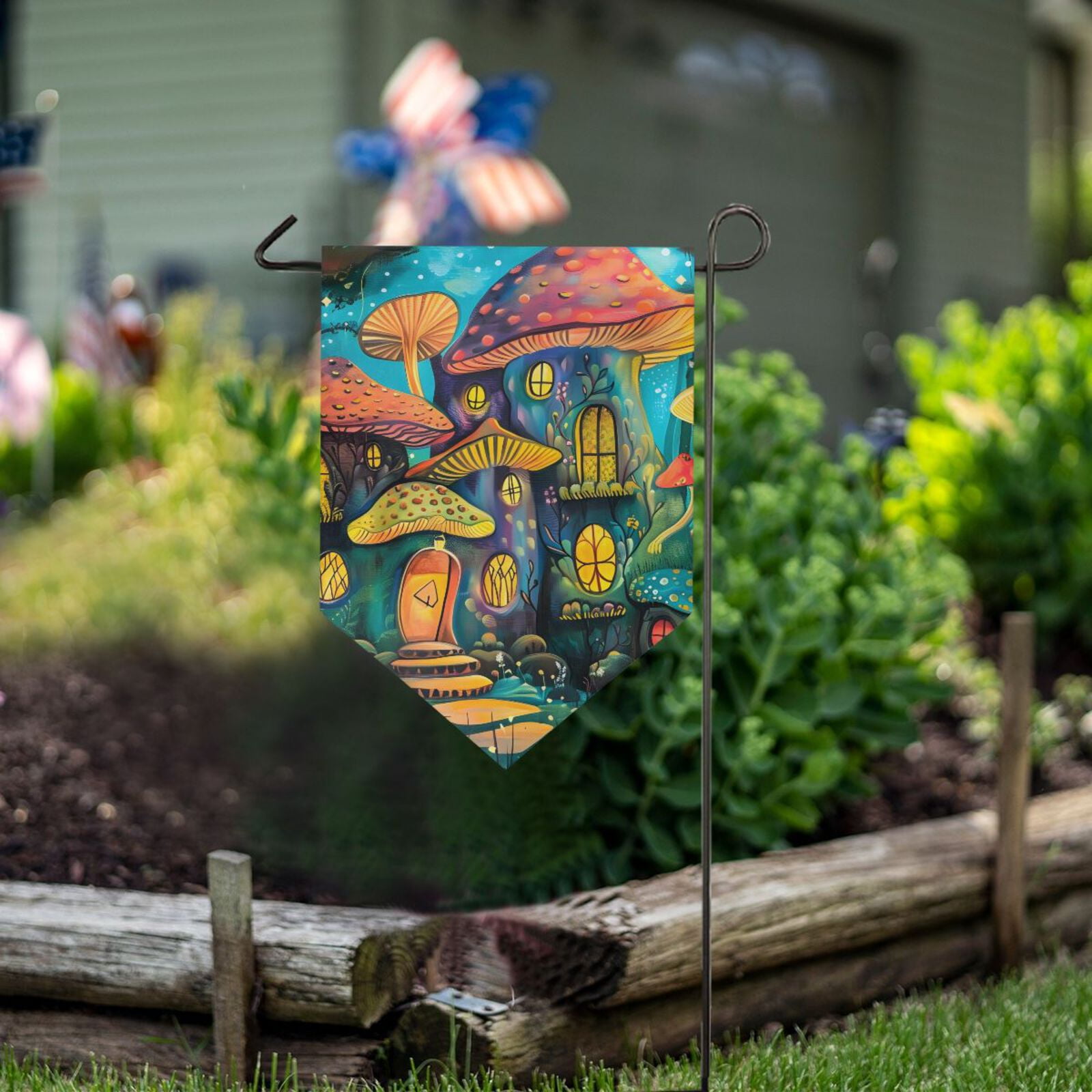 Mushrooms Houses in Forest Garden Flag 18" x 12.5" Double Sided Yard ...