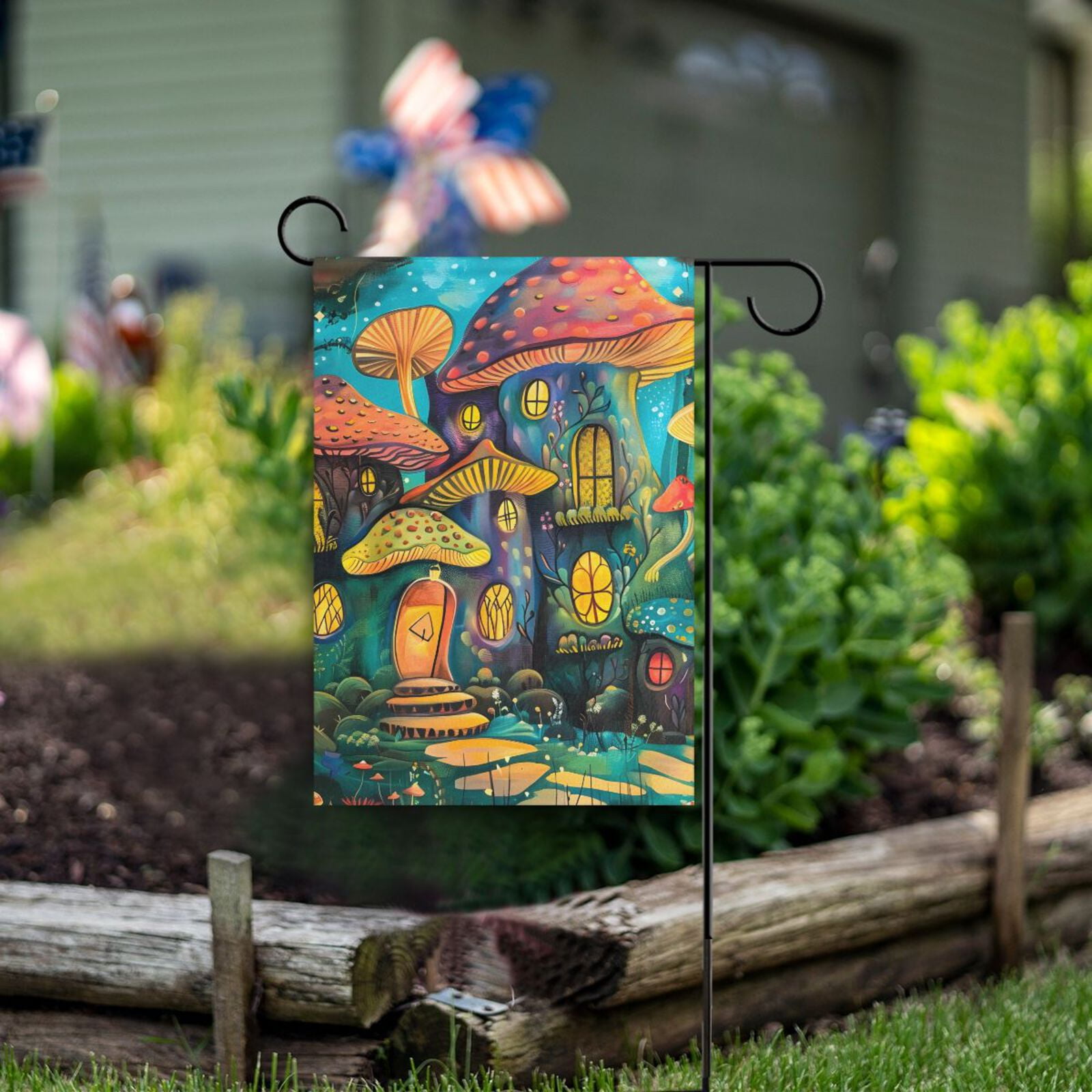 Mushrooms Houses in Forest Garden Flag Double Sided Outdoor Banners for ...