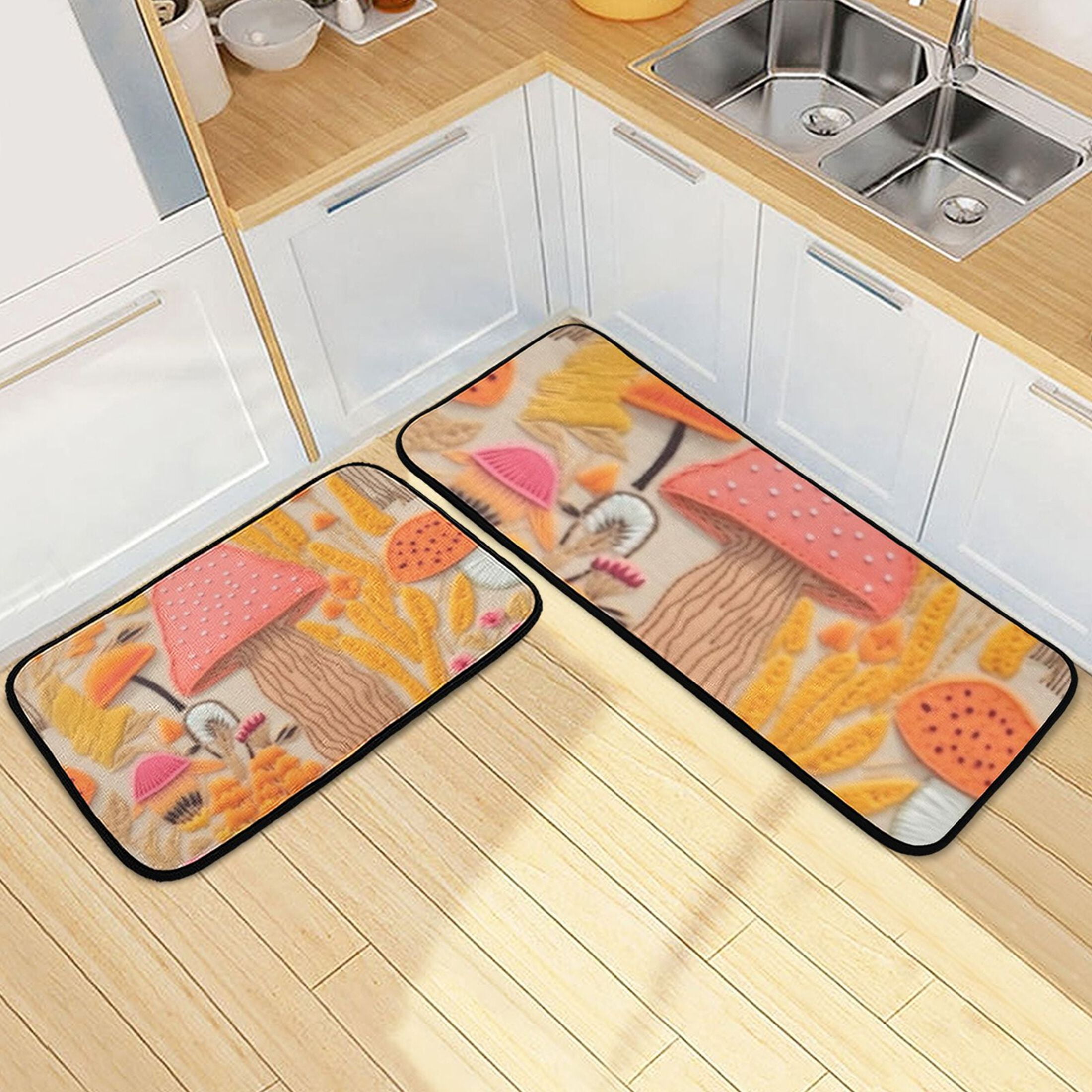 Mushrooms Kitchen Rugs Set of 2 Non Slip Floor Foam Mat Cushioned Soft ...