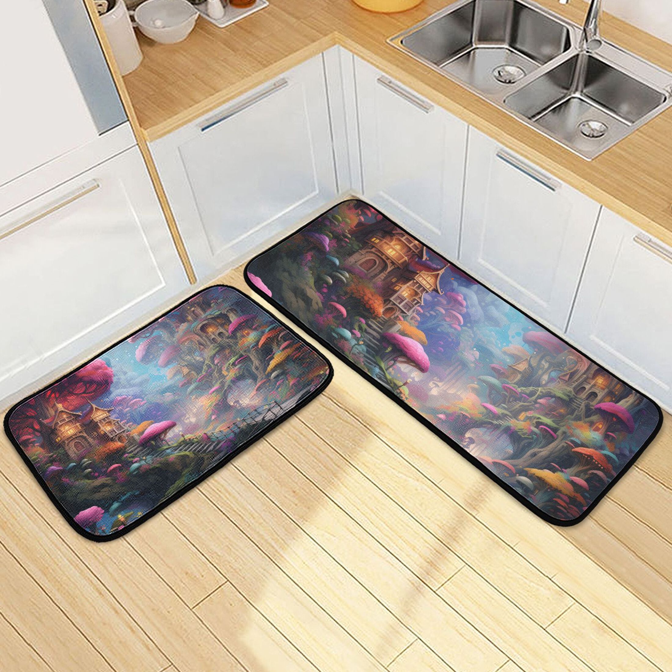 Mushrooms Magic Kitchen Rugs Set of 2 Non Slip Floor Foam Mat Cushioned ...