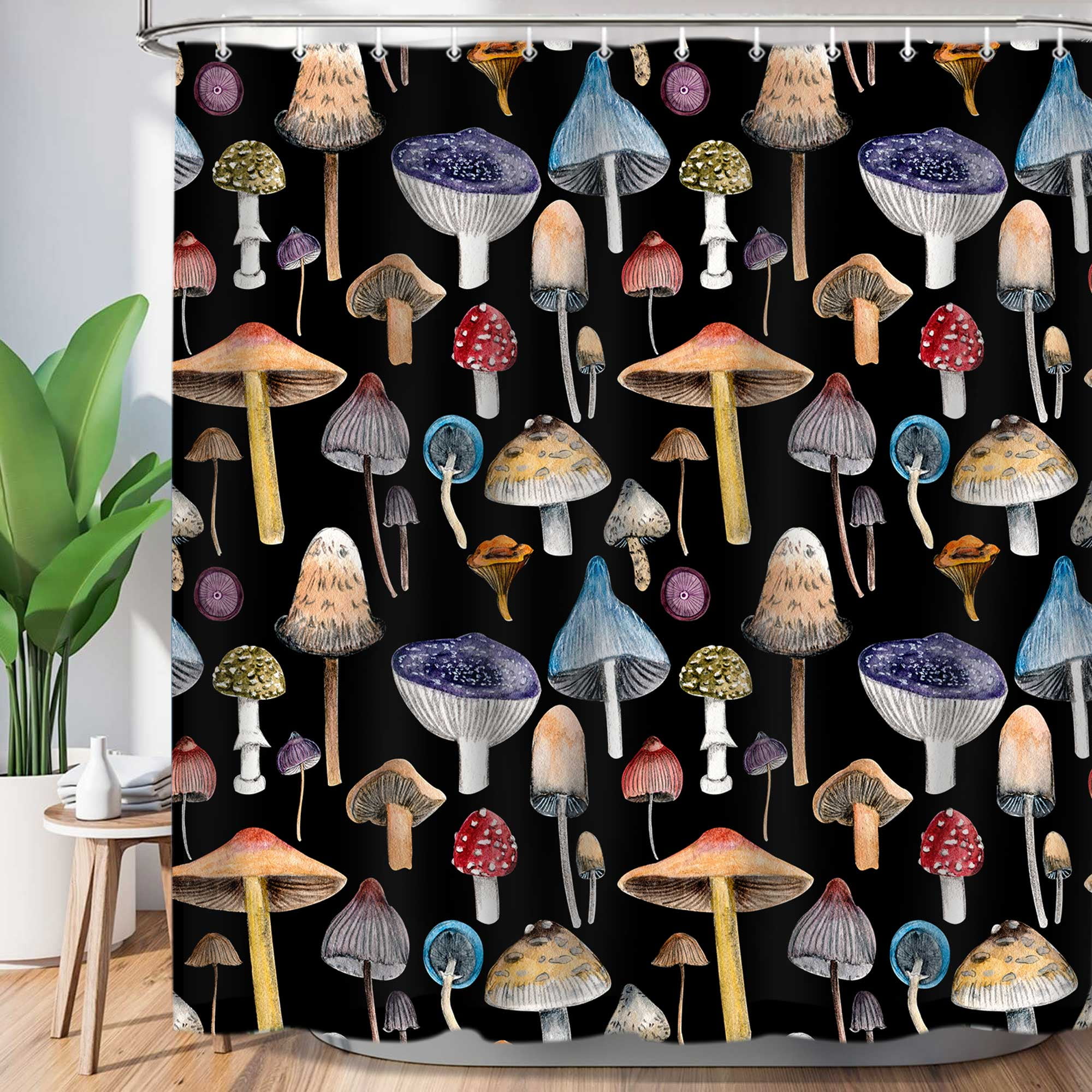 Mushrooms Shower Curtain, Colorful Black Mushroom Bathroom Curtain ...