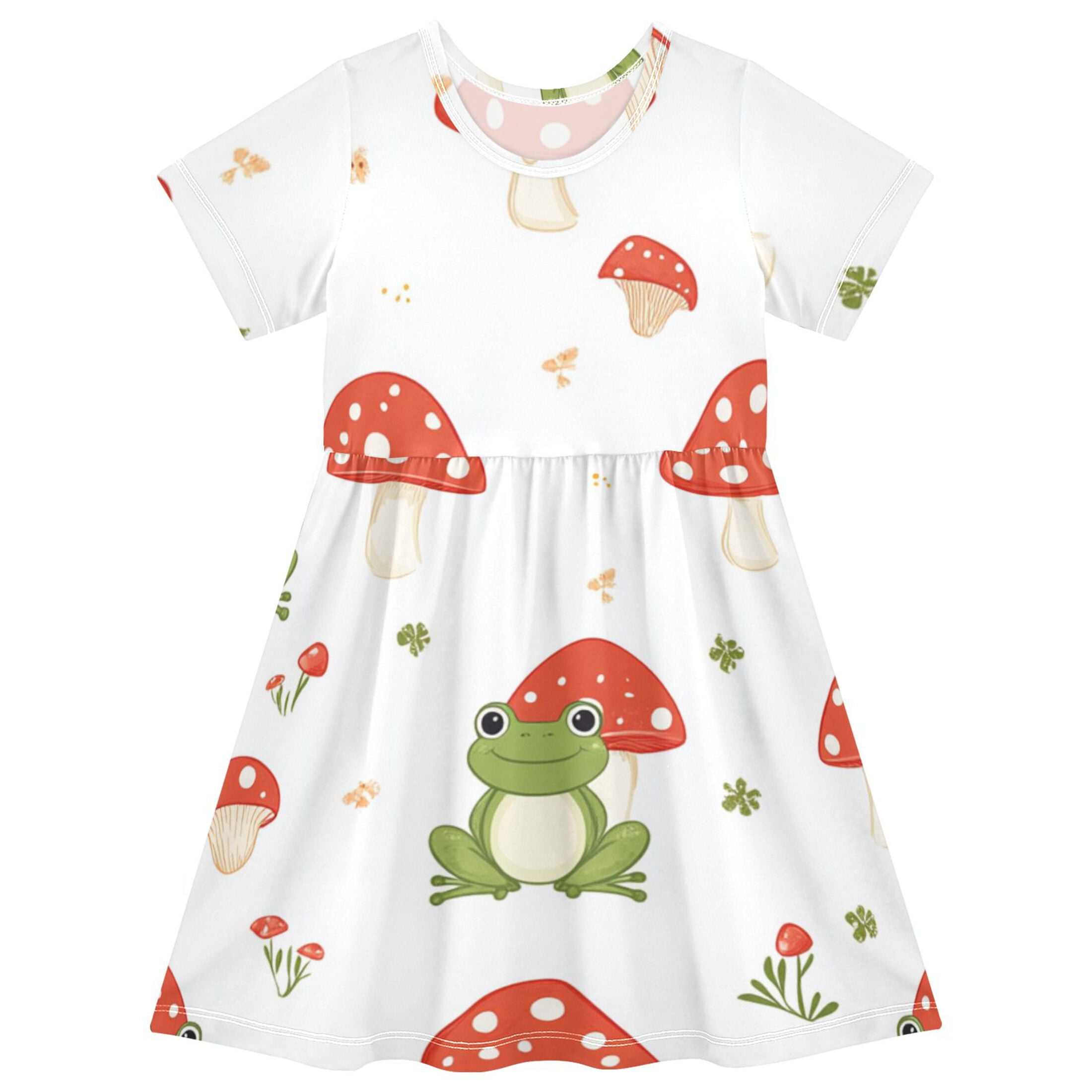 Mushrooms and Cute Frogs Girls' Short Sleeve Dress A-Line One-Piece ...