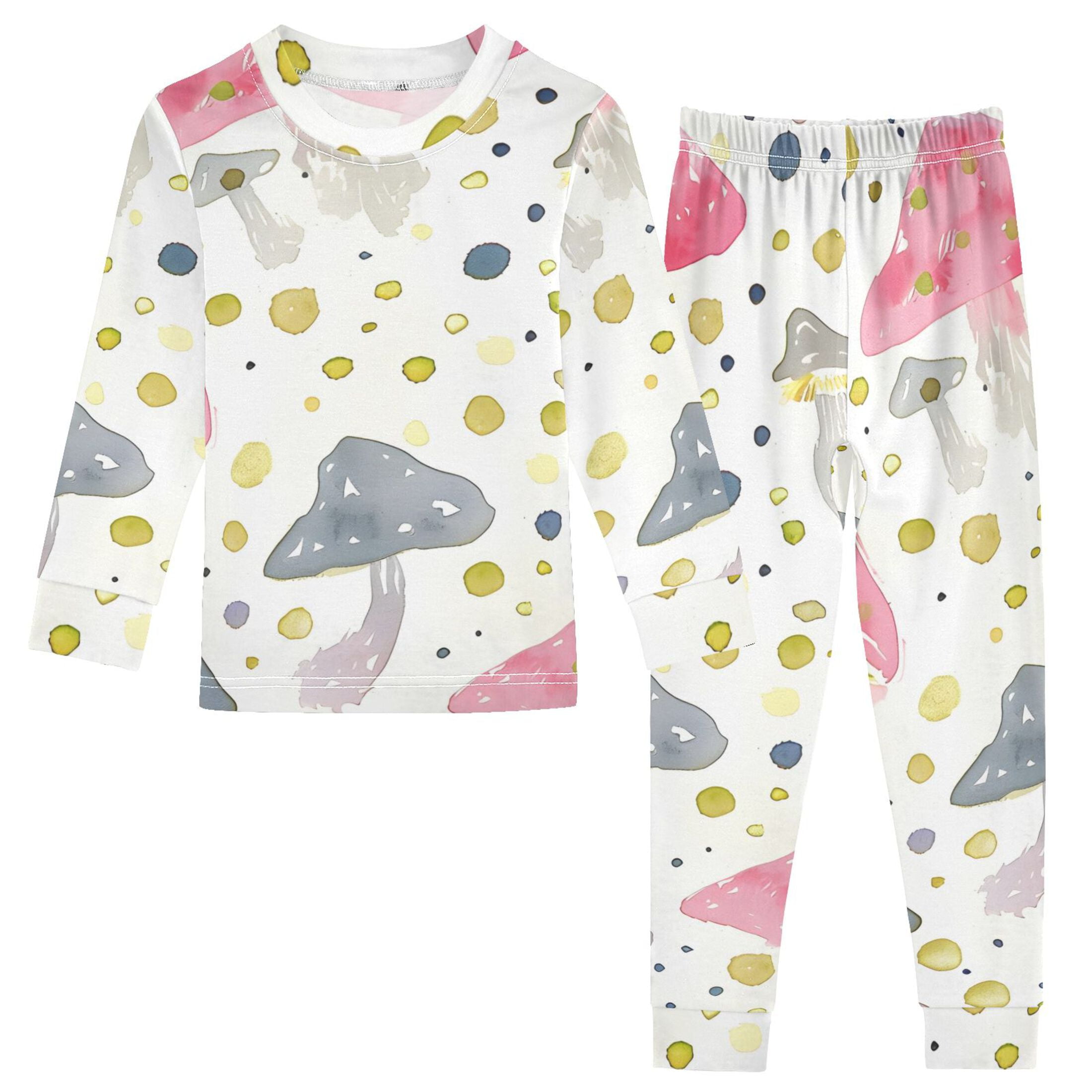 Mushrooms and Dots Watercolor Cotton Pajama Set Long Sleeve Top and ...