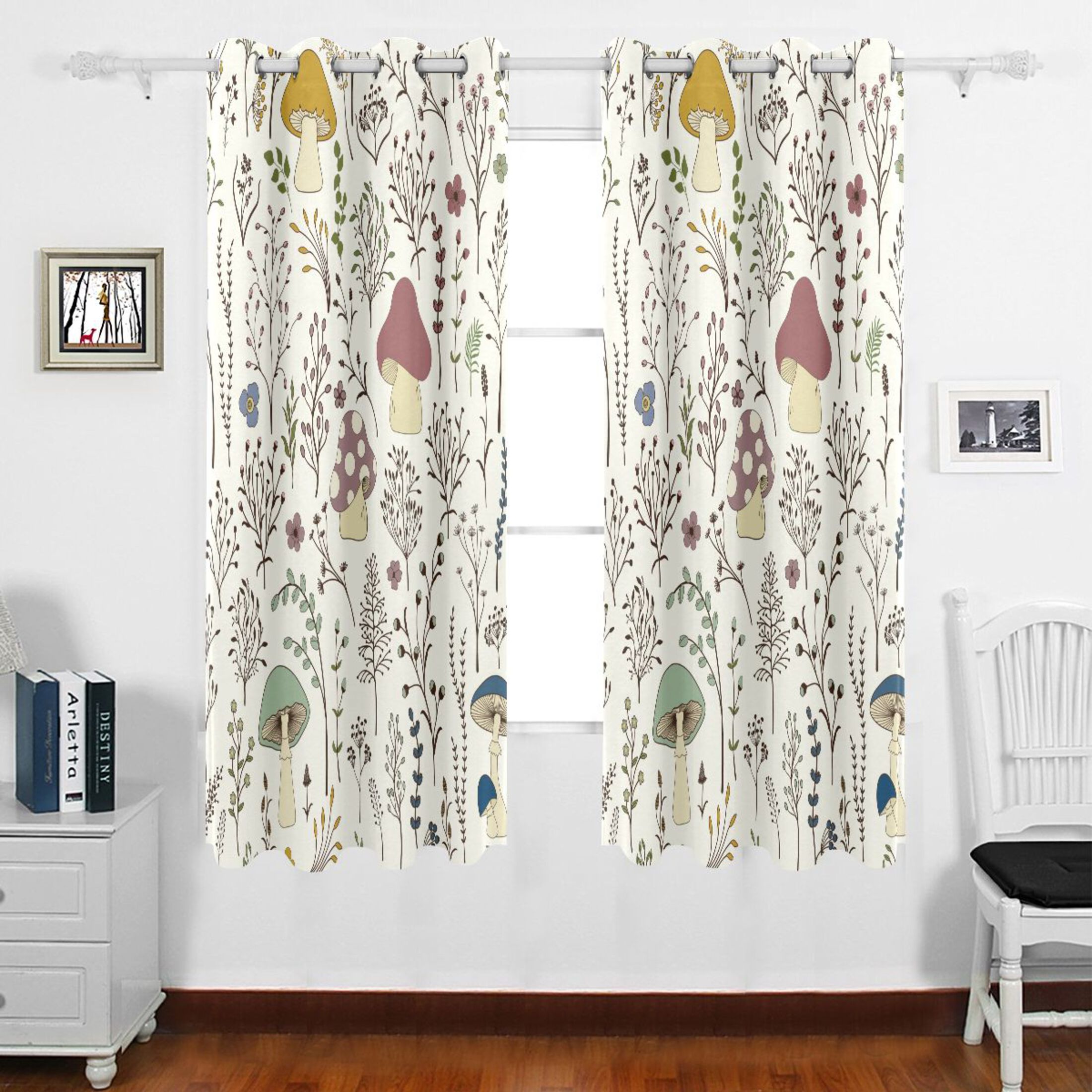 Mushrooms and Floral Grommet Blackout Curtains Thermal Insulated Window ...