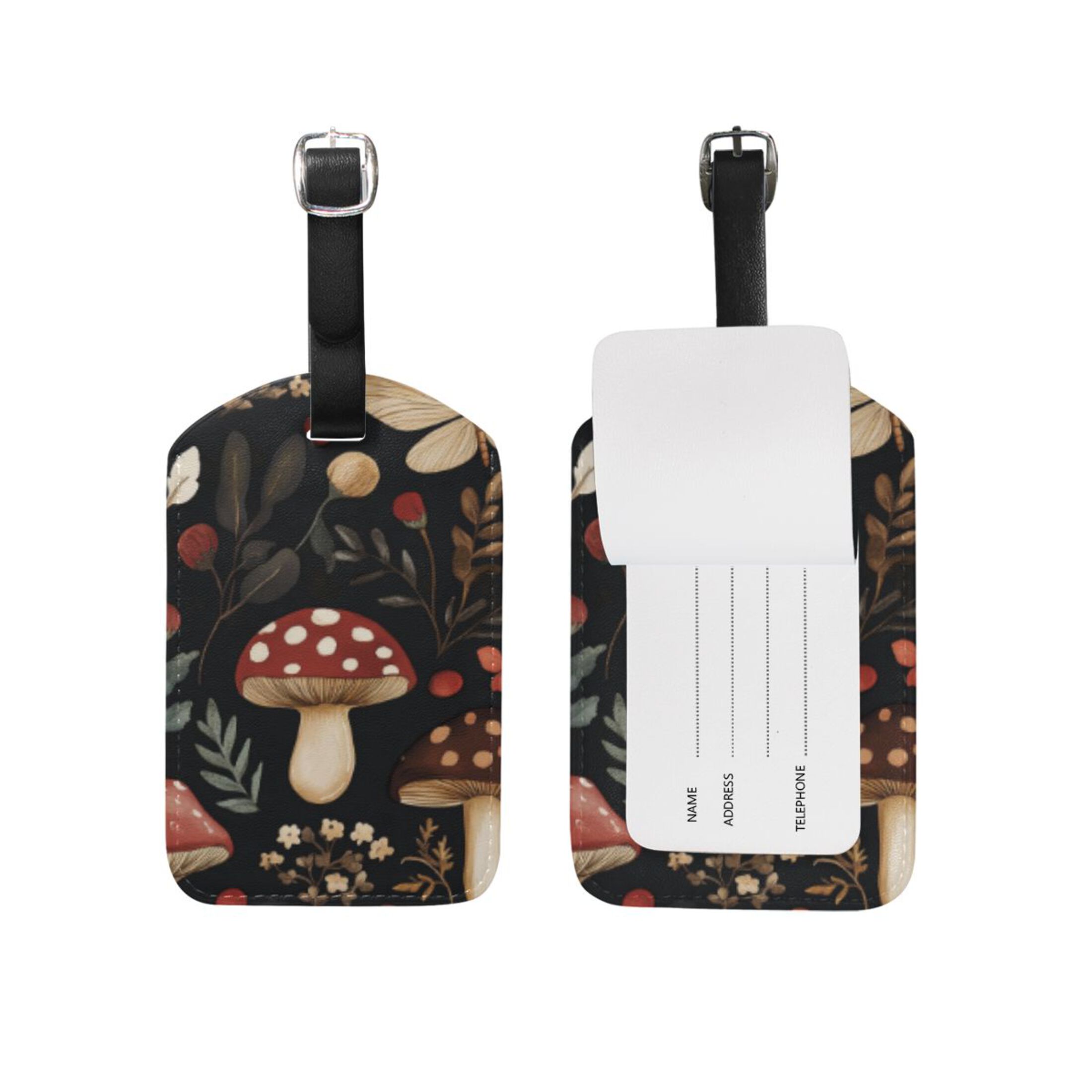 Mushrooms and Flowers Vintage Luggage Tags PU Leather Name ID Labels ...