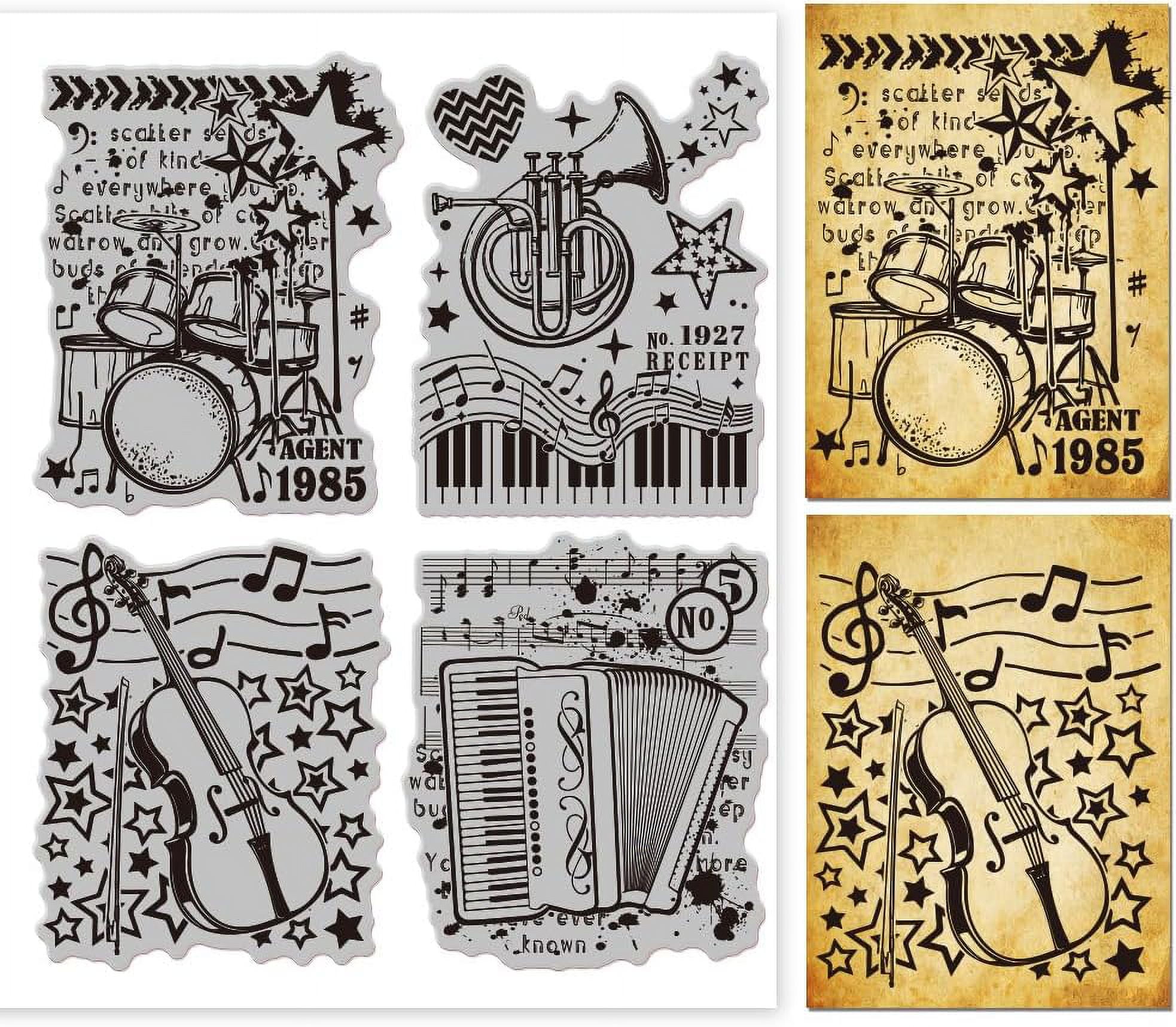 Music Background Cling Rubber Stamp Drum and Violin Musical Instrument ...