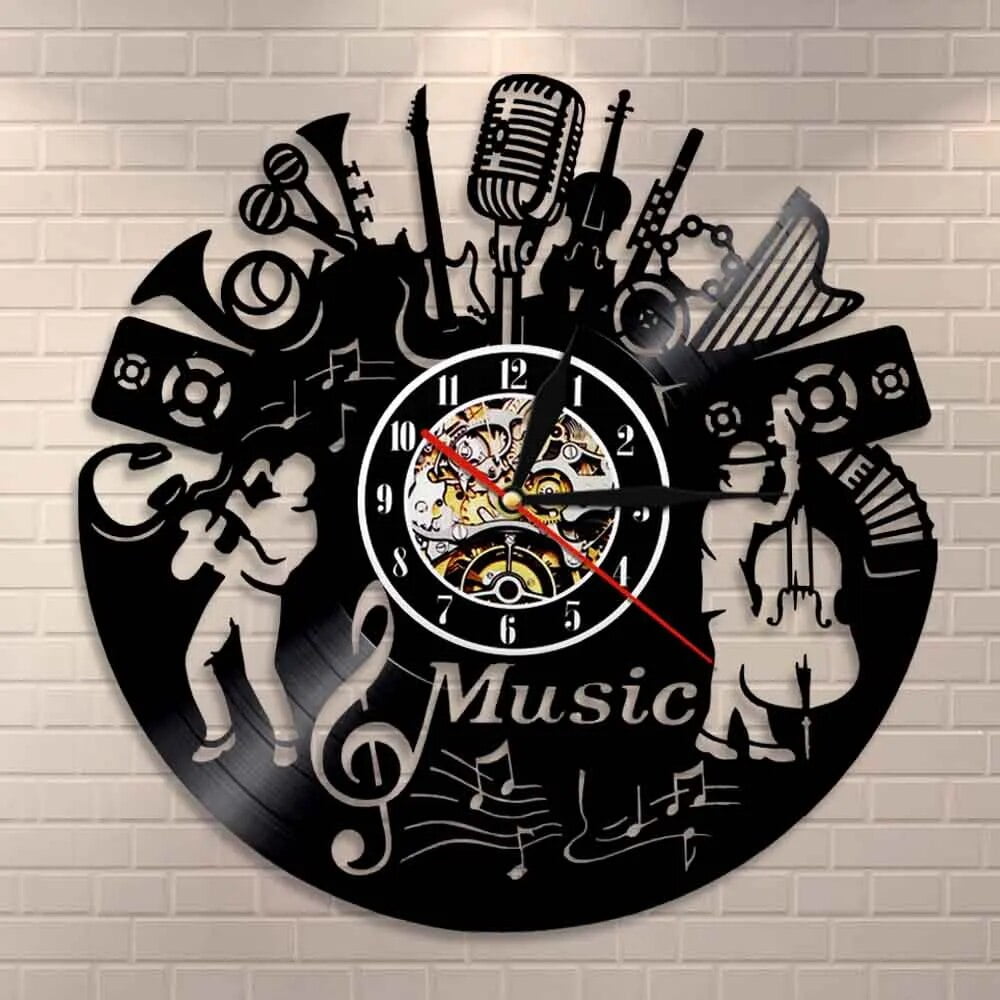 Music Band Silhouette Musical Instruments Vinyl Wall Clock,Vinyl Record ...
