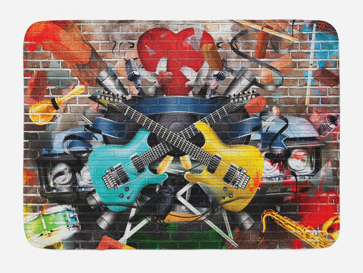 Music Bath Mat, Collage of Music Color and Musical Instruments Street ...