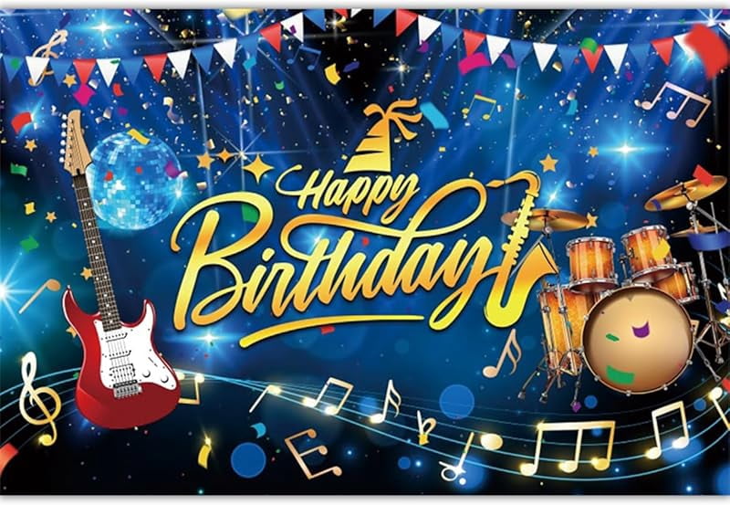 Music Birthday Decoration Backdrop, Music Note Guitar Happy Birthday ...