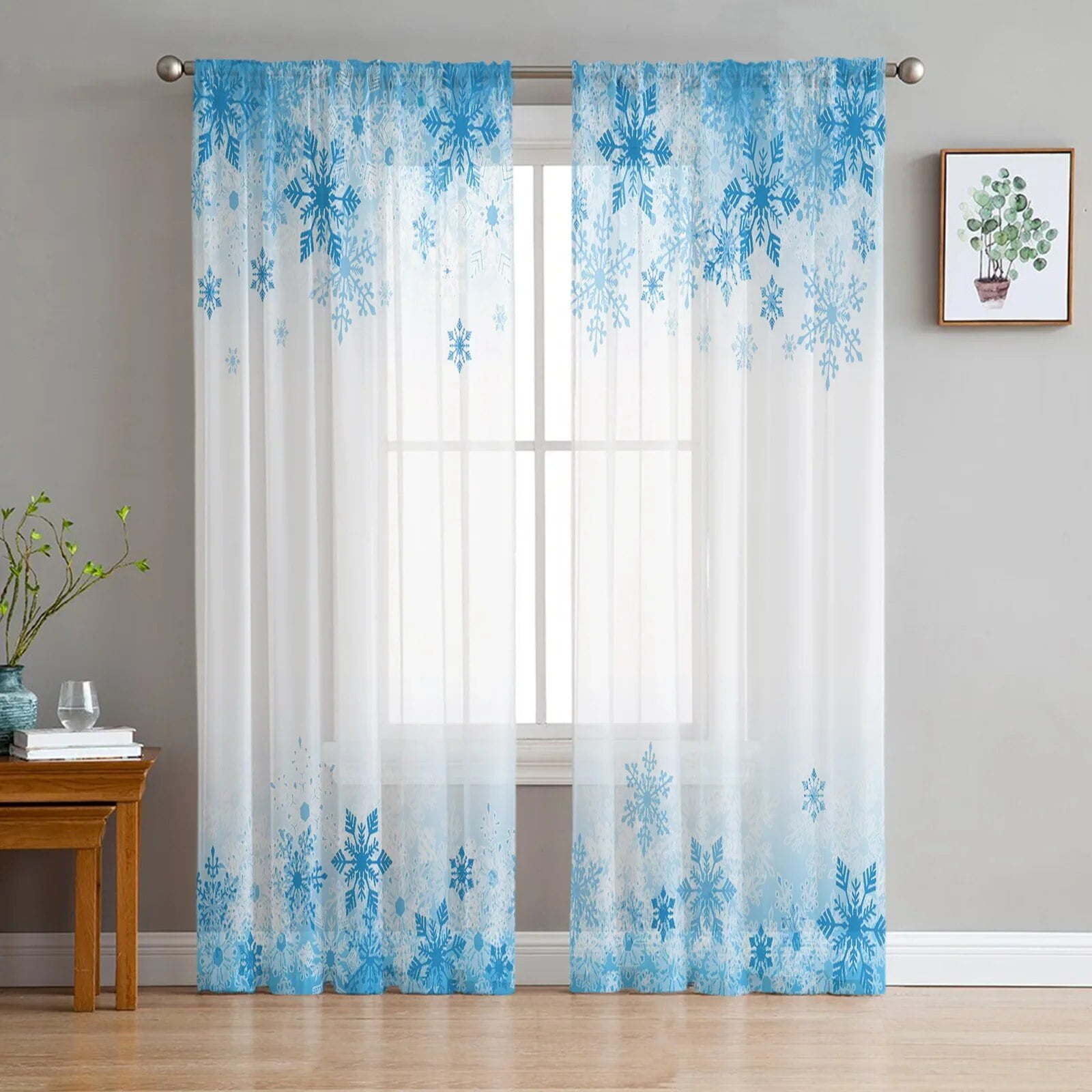 Music Blue Winter White Snowflakes Tulle Sheer Window Curtains for ...