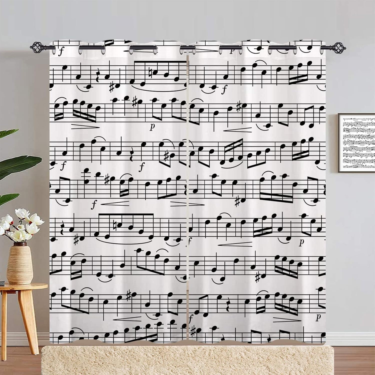 Music Curtains Grommet Light Filtering Window Drapes with Black White ...