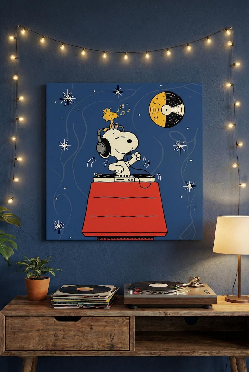 Music DJ Dog Playing Vinyl Turntable Peanuts Style Snoopy Fun Retro ...