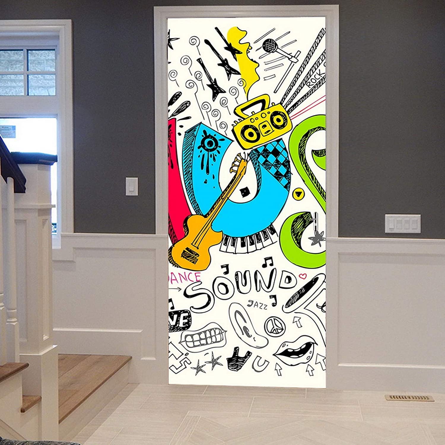 Music Door stickers Rock Hippie Door Mural stickers Hip Hop ...