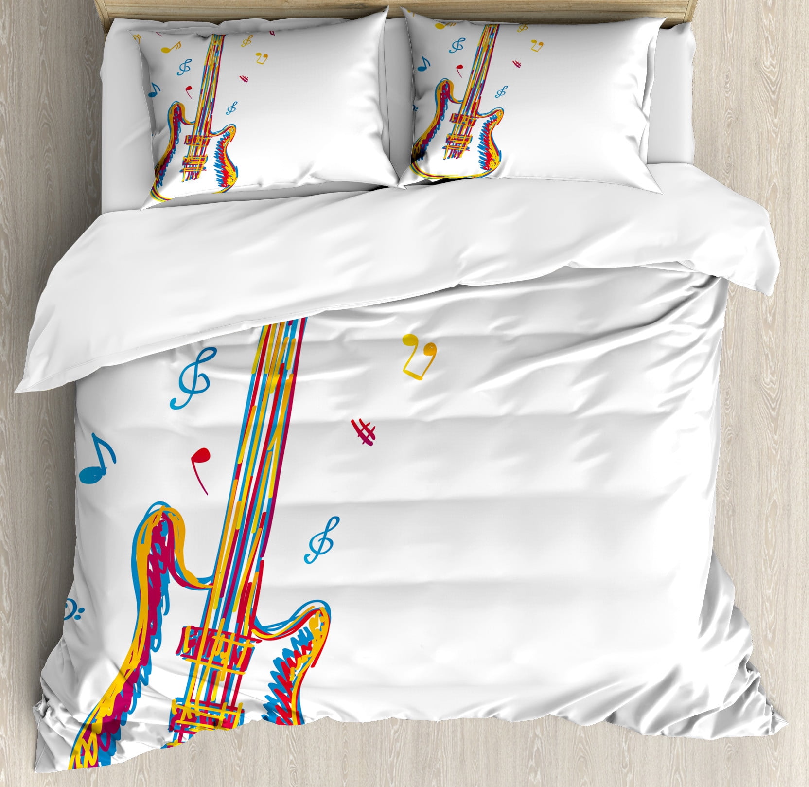 Music Duvet Cover Set, Doodle Style Illustration of Guitar Instrument ...