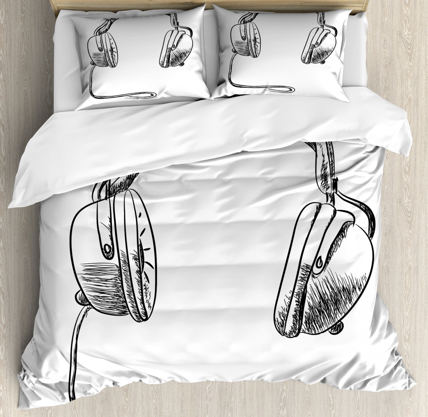 Music Duvet Cover Set Queen Size, Sketch Style Hand Drawn DJ Headphones ...