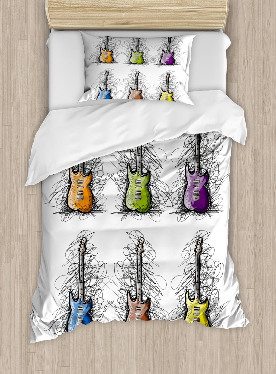 Music Duvet Cover Set, Sketchy Lines Colored Design Guitar Insrument ...