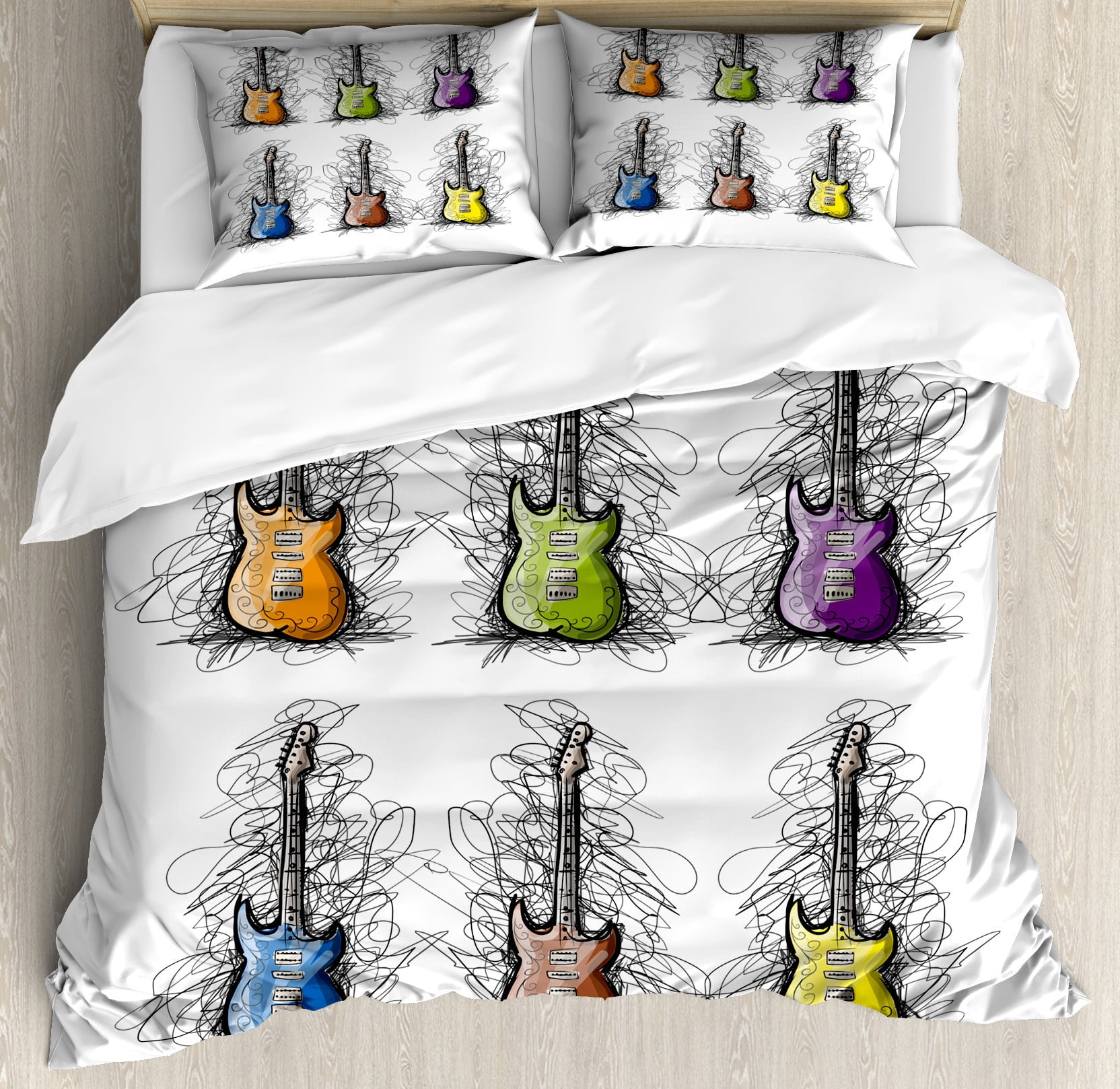 Music Duvet Cover Set, Sketchy Lines Colored Design Guitar Insrument ...