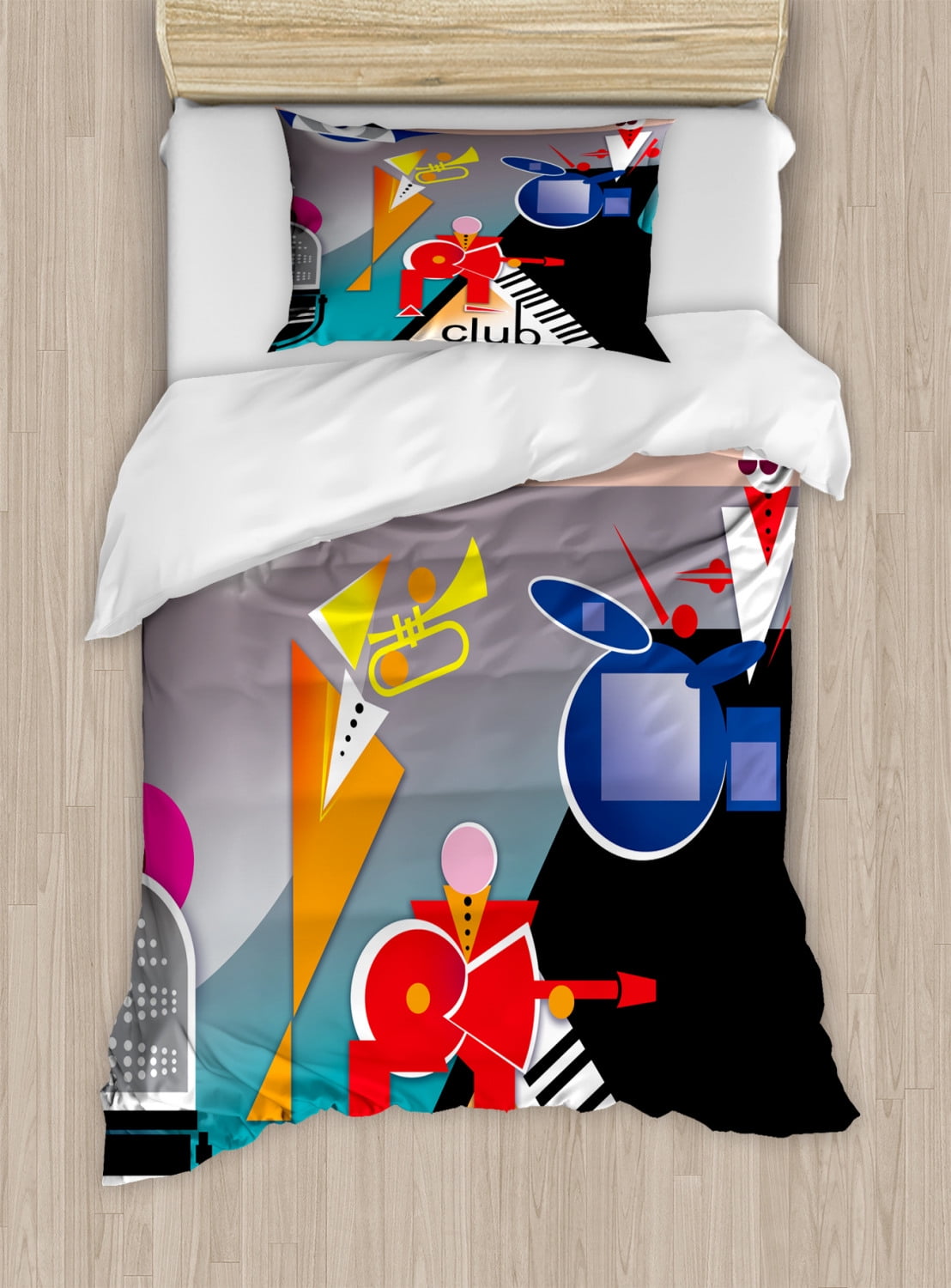 Music Duvet Cover Set Twin Size, Band of Stick Figures Performing on an ...