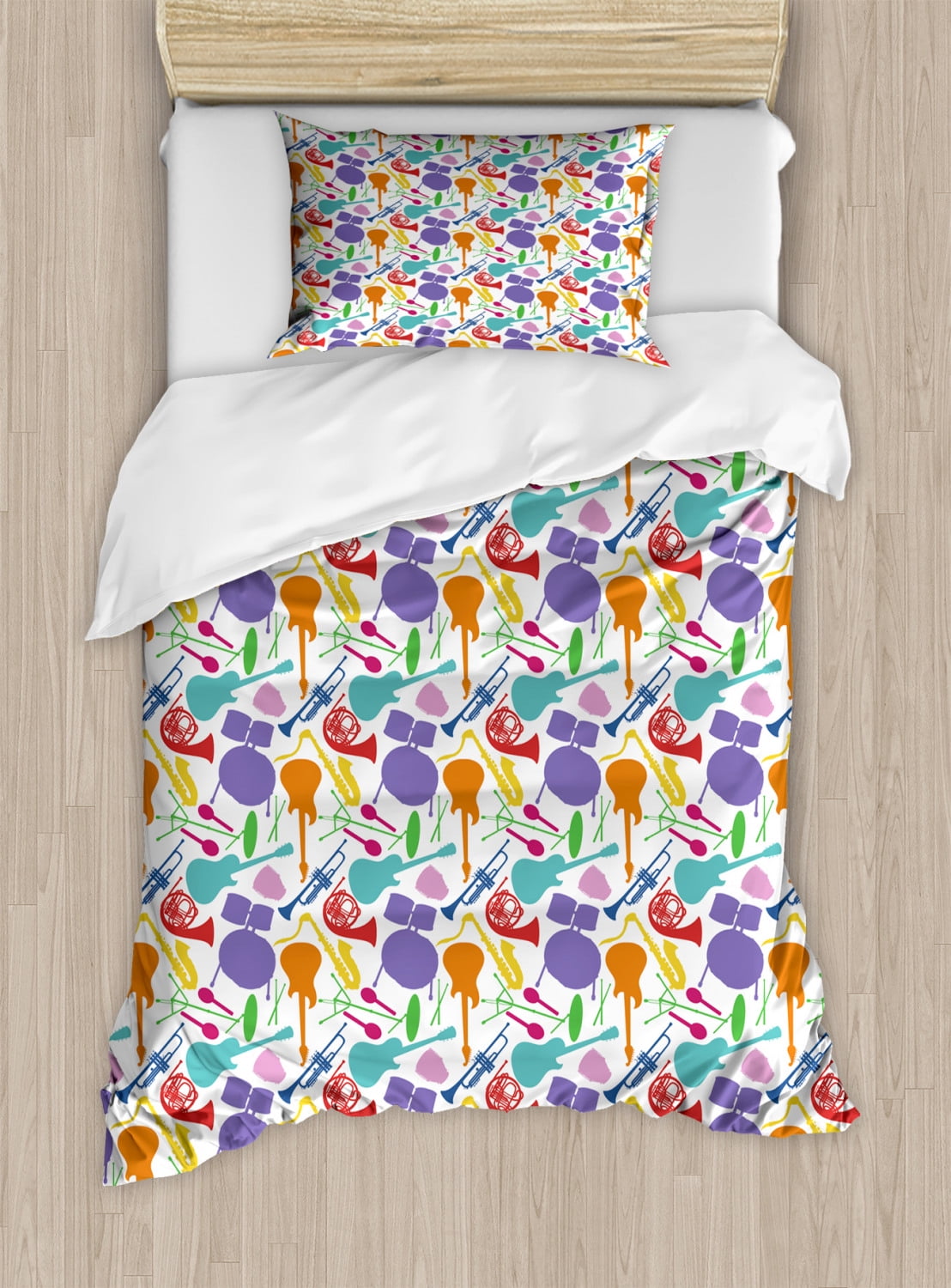 Music Duvet Cover Set Twin Size, Colorful Instruments Bass Guitar Rock ...