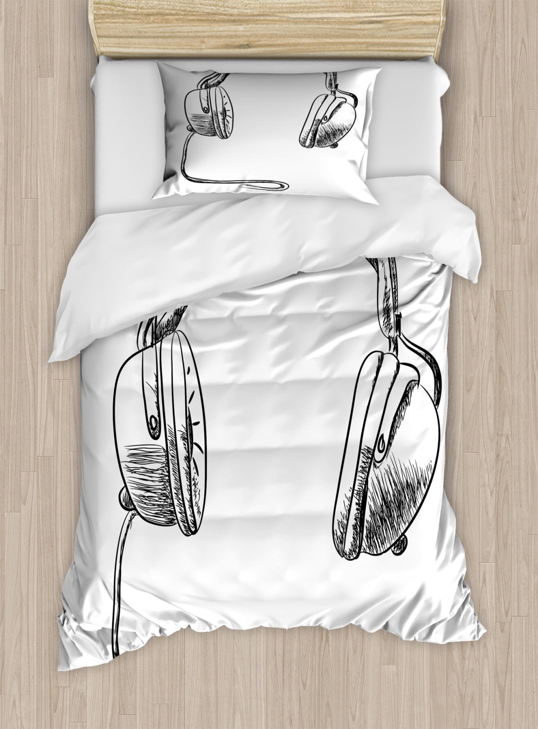 Music Duvet Cover Set Twin Size, Sketch Style Hand Drawn DJ Headphones ...