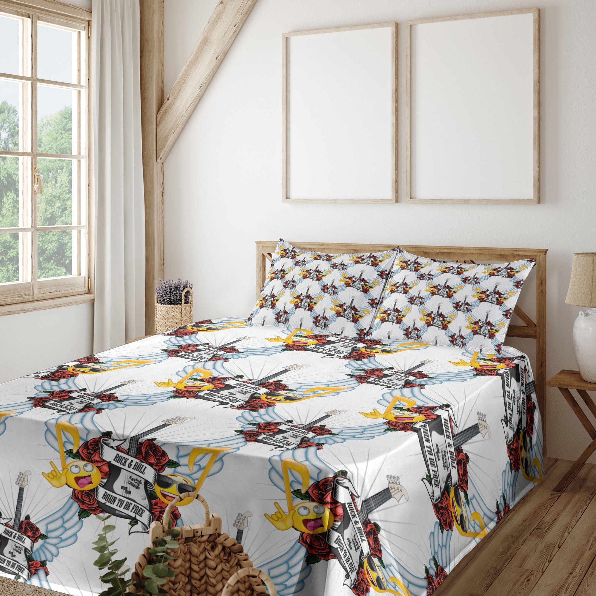 Music Emoji Sheet Set, Rock and Roll Letterings Oldschool Roses Bass ...