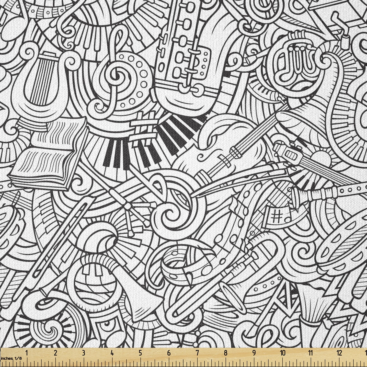 Music Fabric by The Yard, Outline Monochromatic Doodle in Chaotic ...