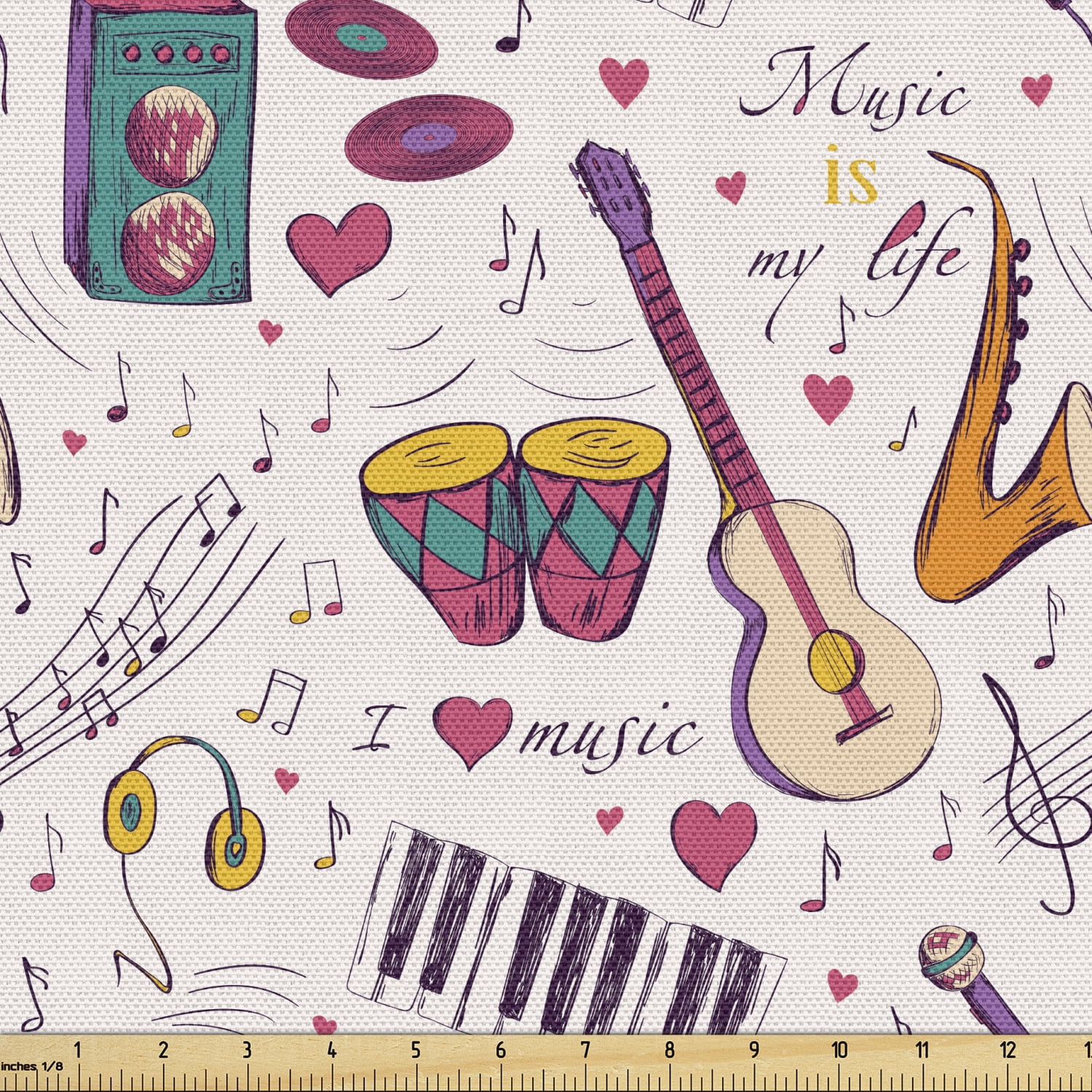 Ambesonne Music Fabric by the Yard Upholstery, Drums Speakers Records ...