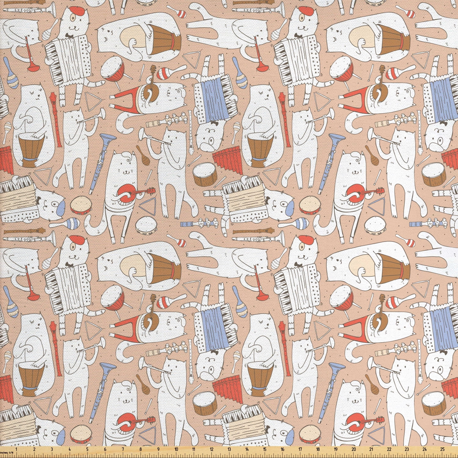 Music Fabric by the Yard, Musician Cats with Drum Accordion Tube Guitar ...