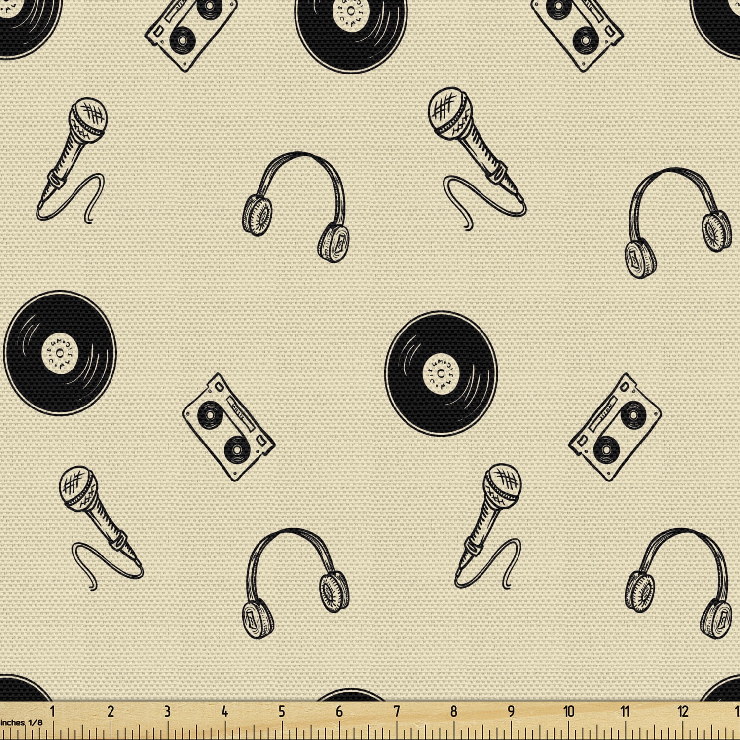 Ambesonne Music Fabric by the Yard Upholstery, Retro Records Headphones ...