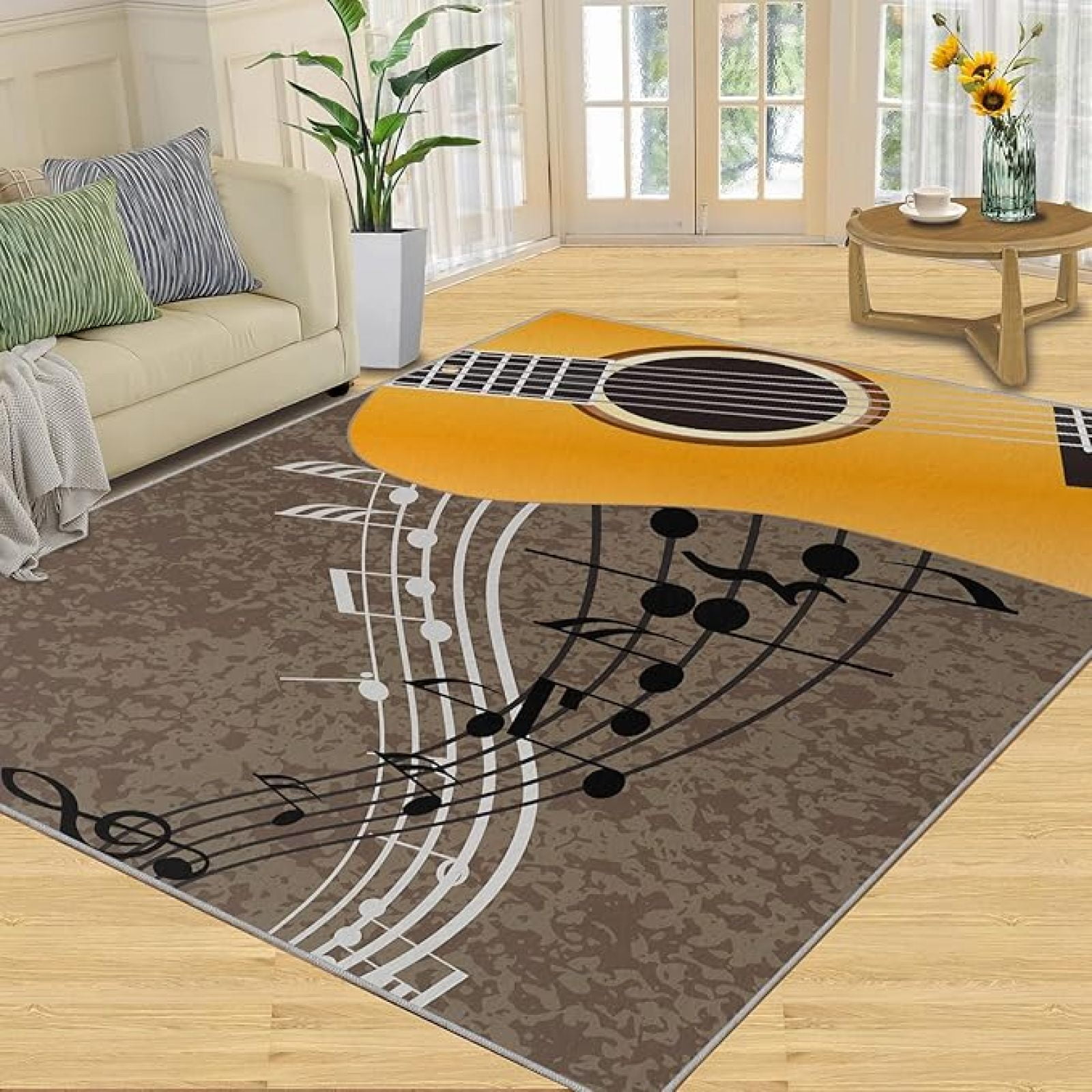 Music Guitar Area Rug, Retro Music Lovers Musical Notes Indoor Rug ...