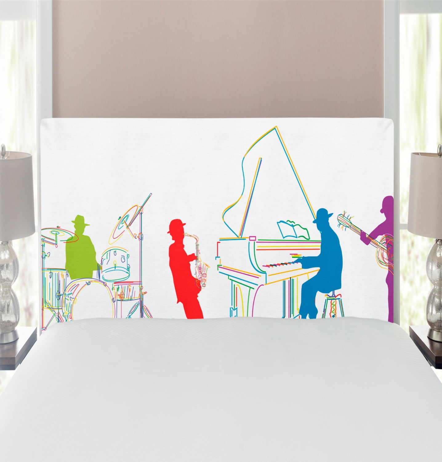 Music Headboard, Vibrant Colored Jazz Band Instruments Modern ...