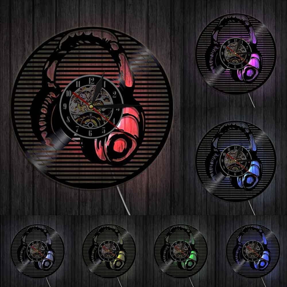 Music Headphone Retro Black LP Wall Clock Wall Art Vinyl Record Clock ...
