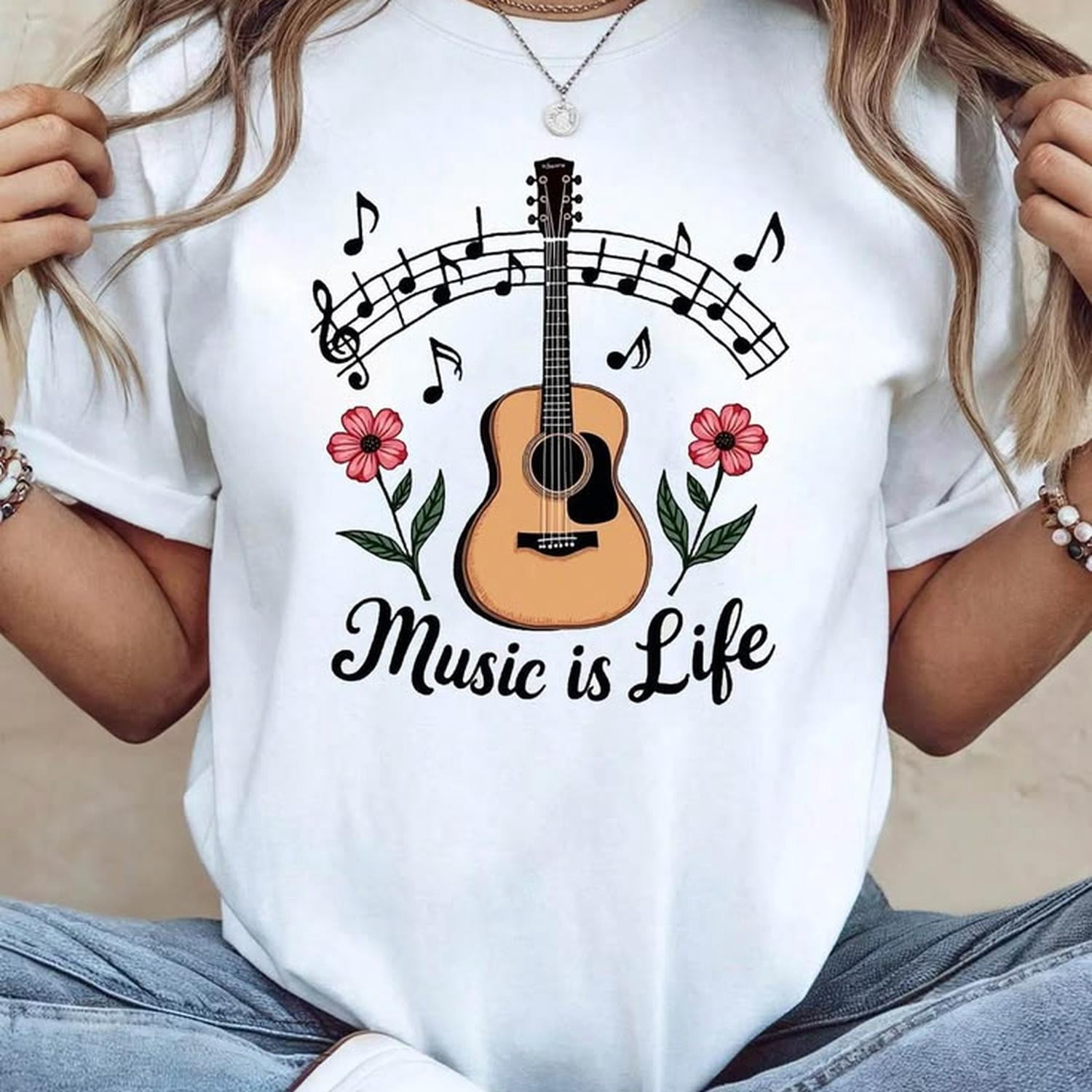 Music Iife WoM1en'S TShirt With Guitar Floral Print, Perfect For Music ...
