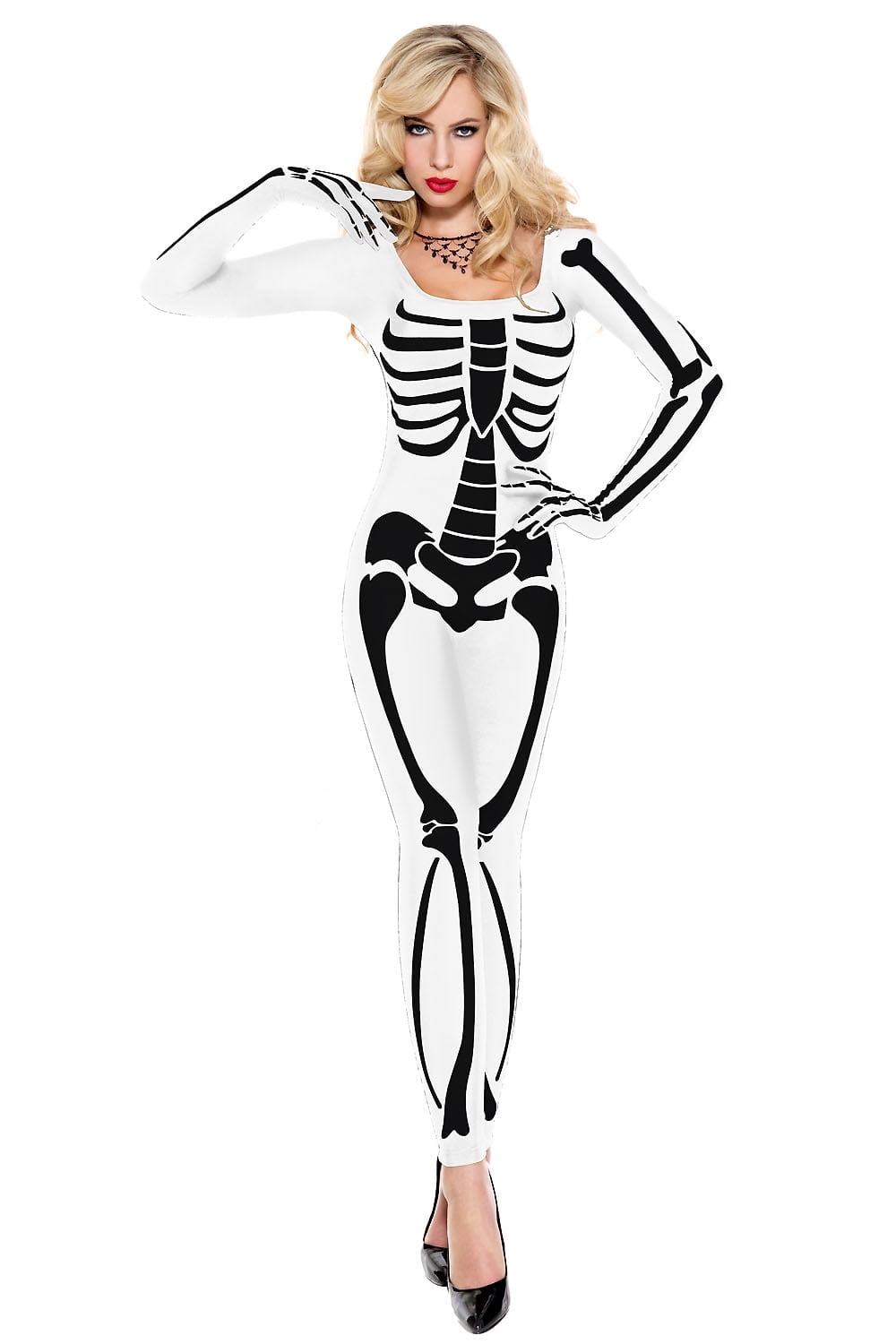 Music Legs Women's Skeleton Bodysuit Costume 70700-WHITE/BLACKSM ...