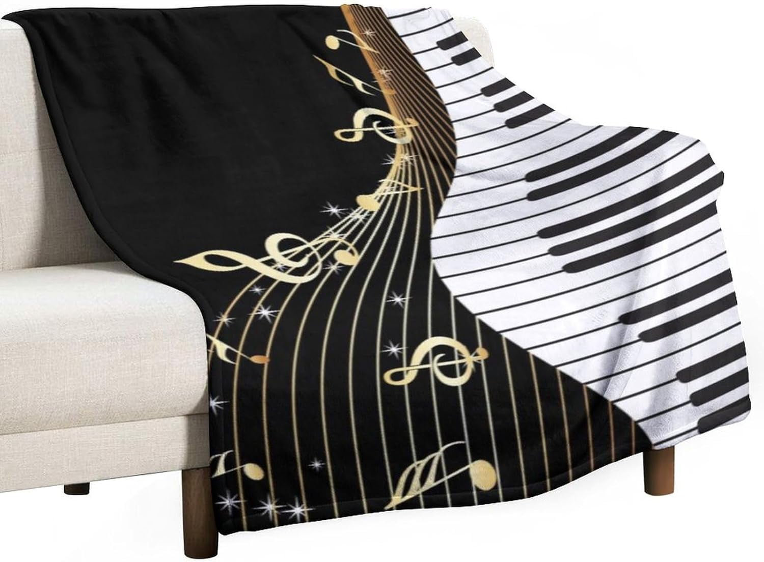 Music Note Blanket Black White Piano Keys Gold Music Note Soft Cozy ...