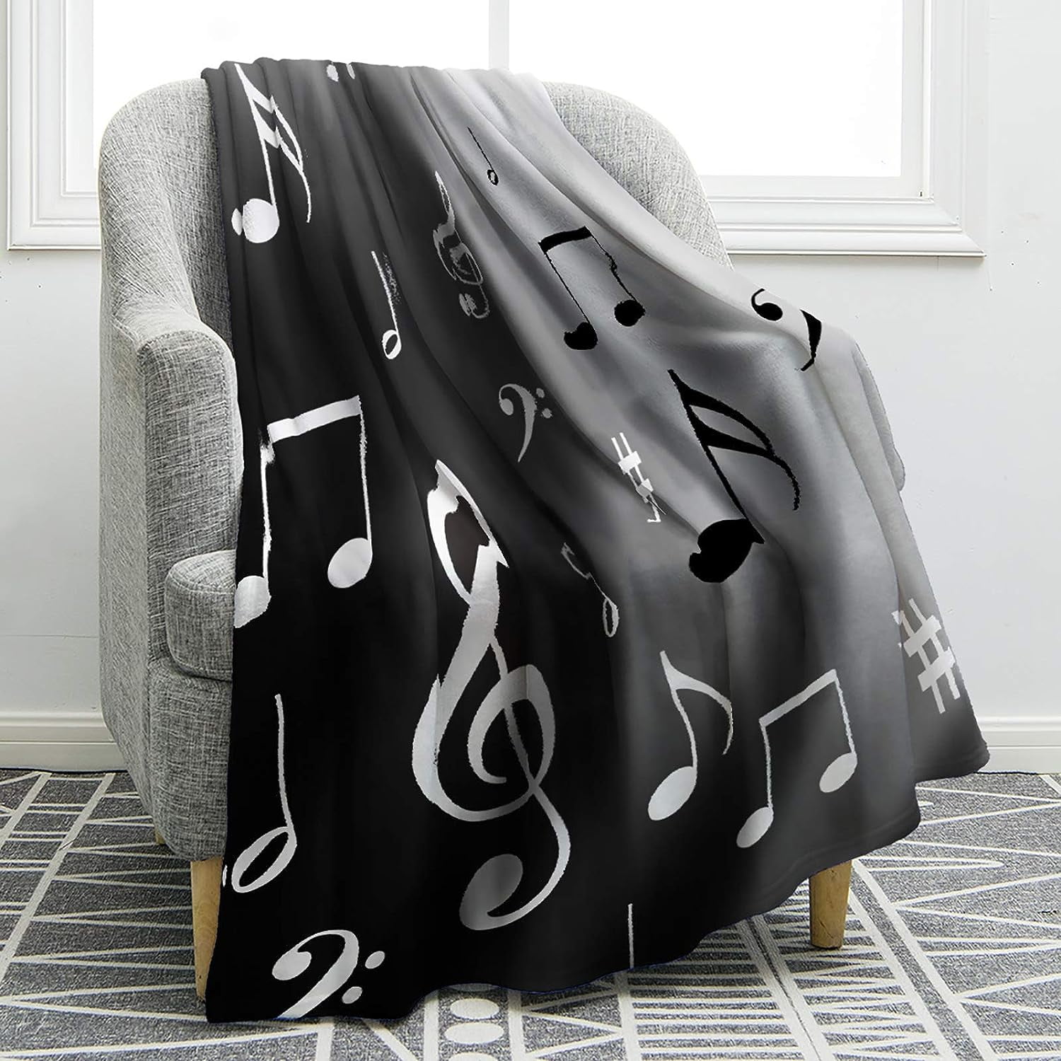 Music Note Blanket Print Throw Black Blanket Soft Comfortable for Music ...