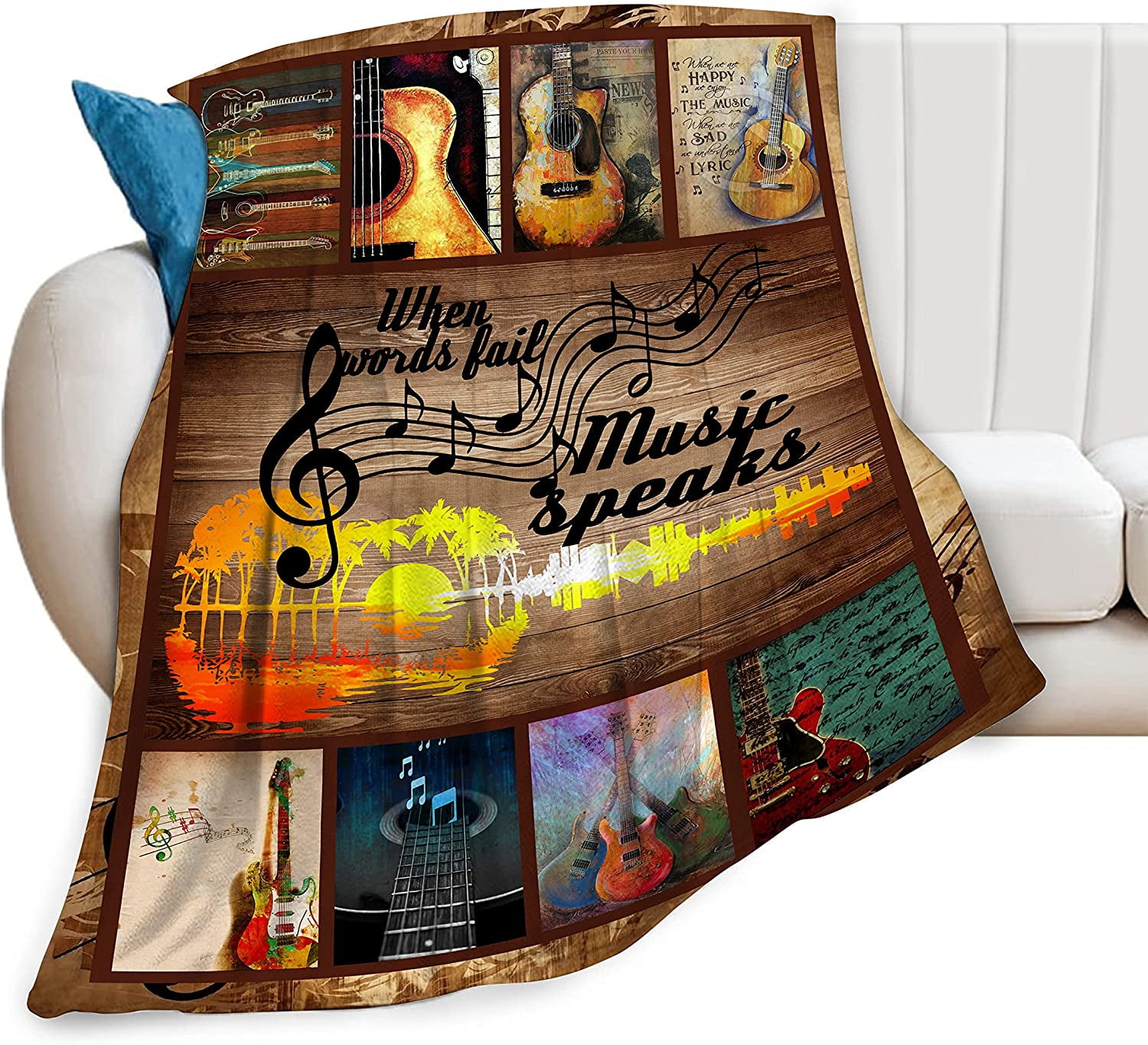 Music Note Blanket Vintage Guitar Throw Blanket Retro Music Print Plush ...
