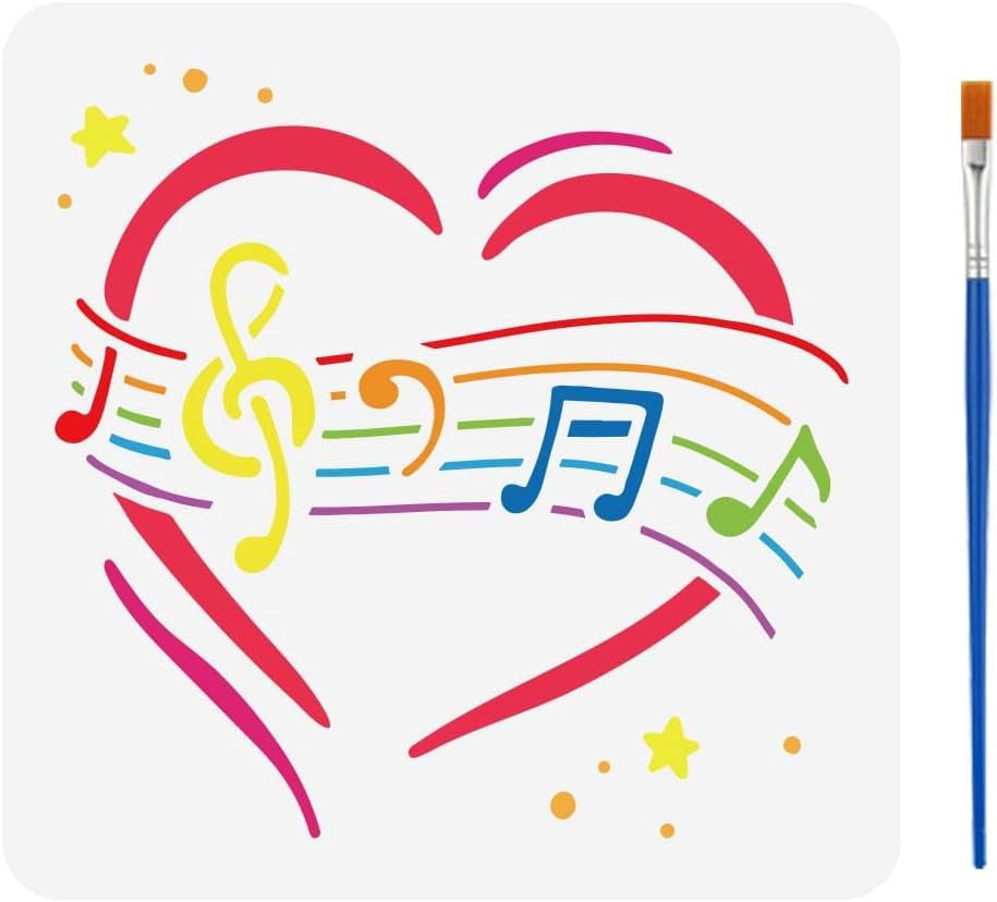Music Note Drawing Stencil with A Paint Brush 11.8x11.8inch Heart ...