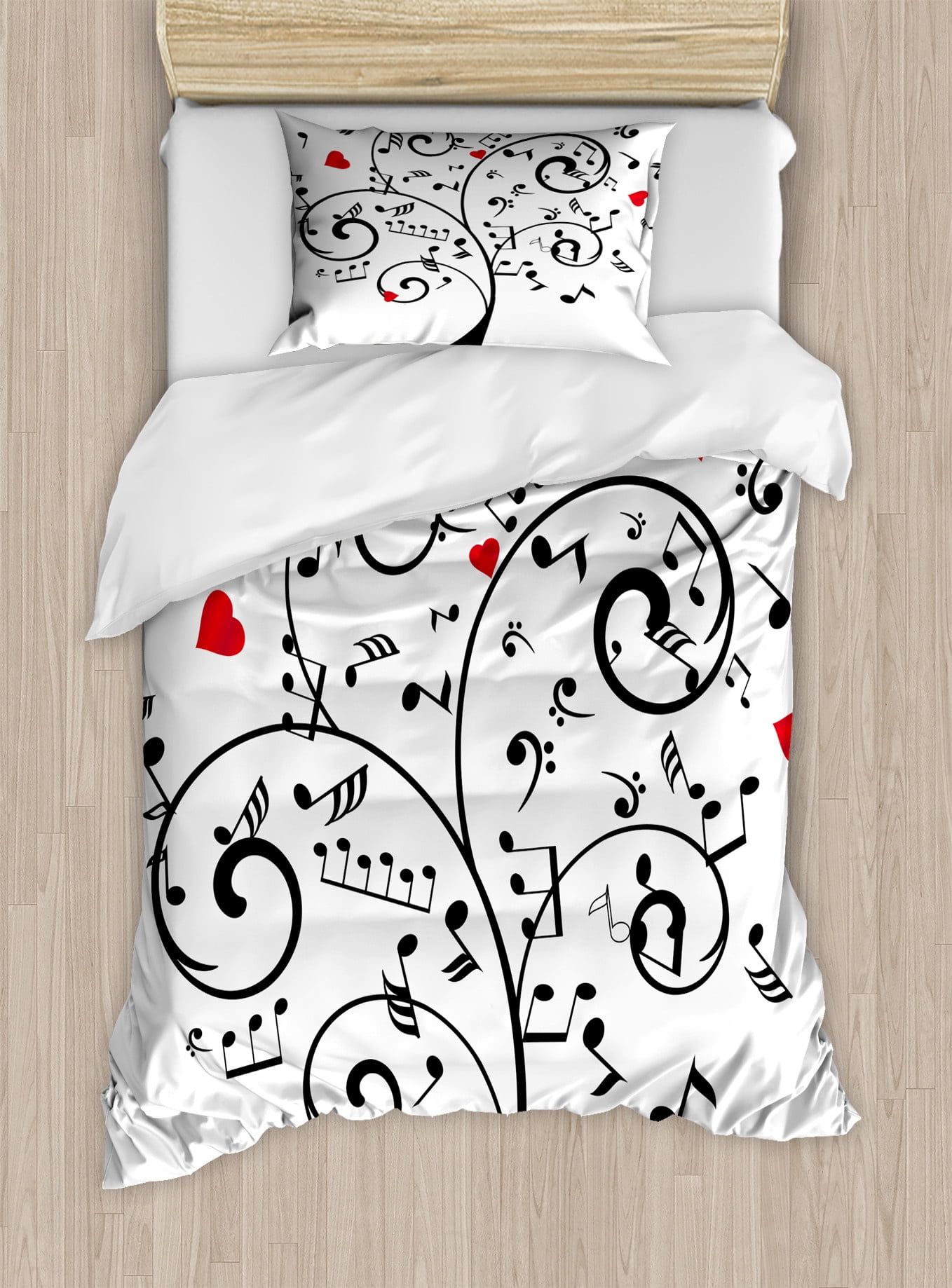 Music Note Duvet Cover Set, Romantic Tree with Hearts and Musical ...