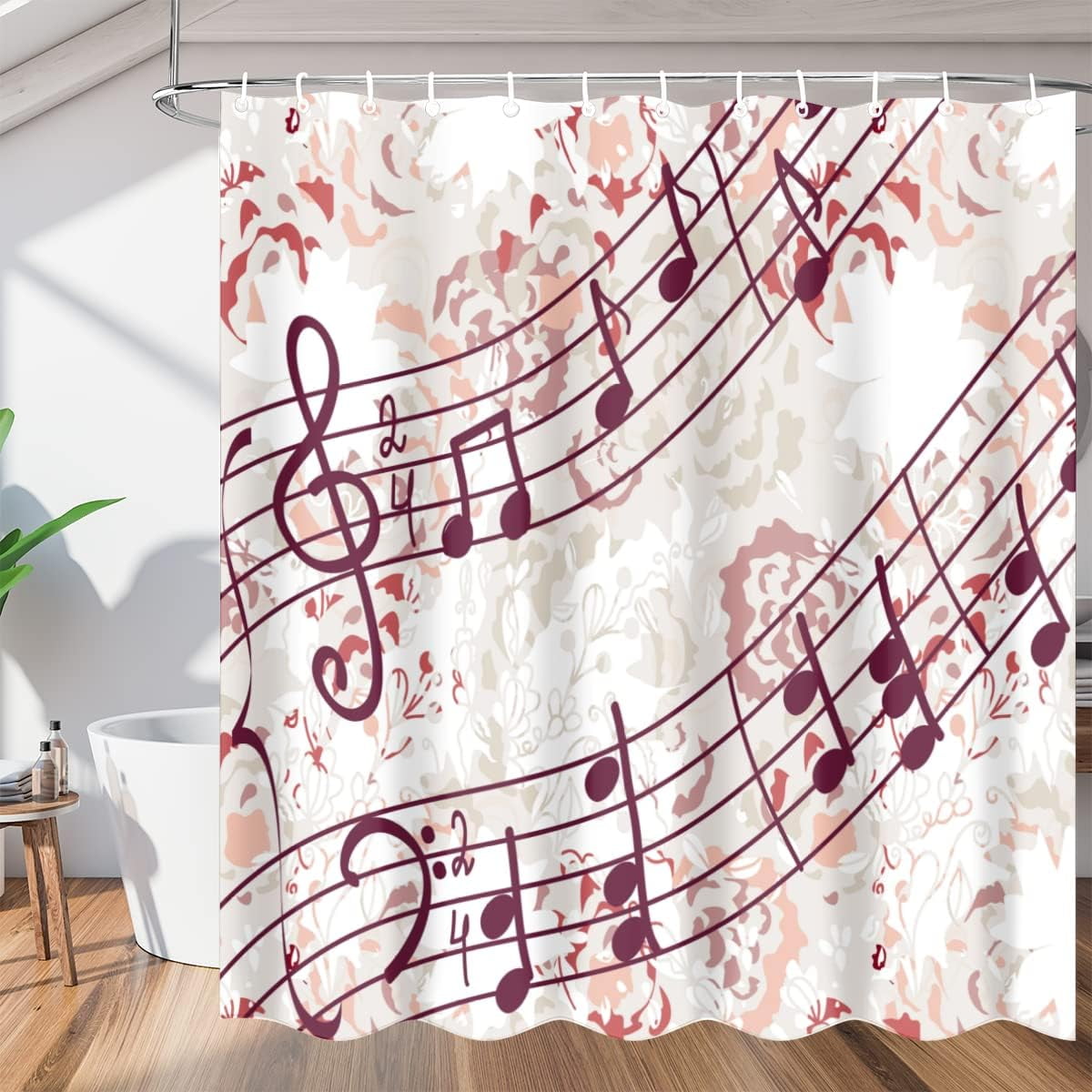 Music Note Floral Pattern Shower Curtain Fabric Shower Curtain Set with ...