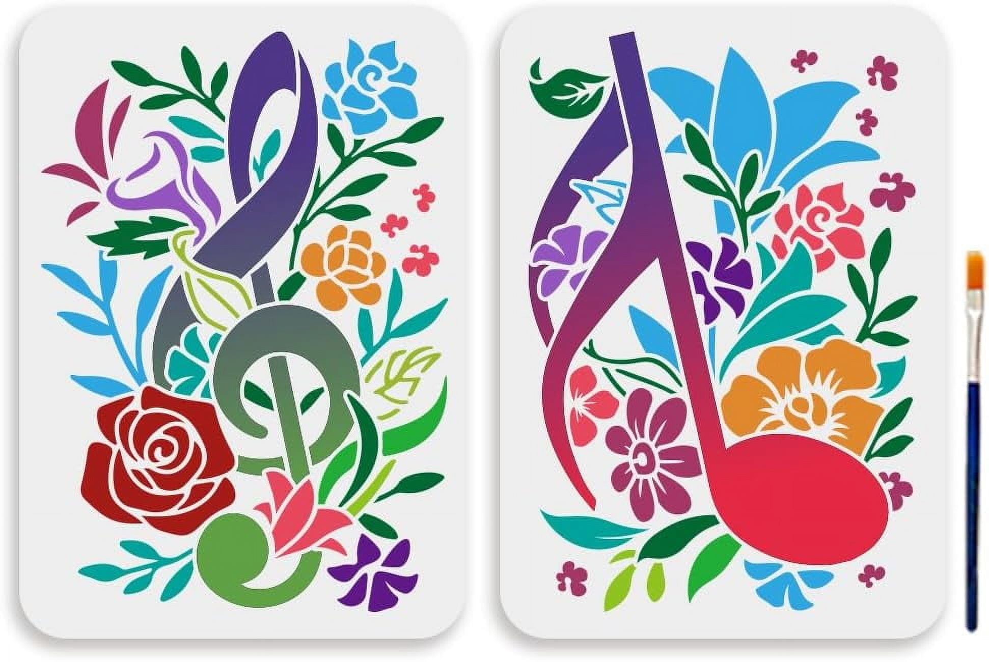Music Note Flower Stencils 11.7x8.3 inch 2 Pack with Paint Brush Treble ...