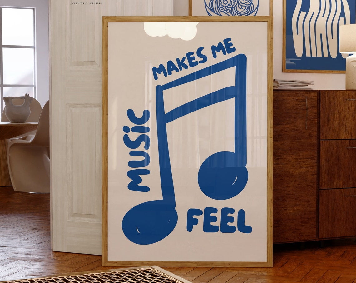 Music Note Retro Poster, Blue Trendy Art Print, Positive Poster, Groovy ...