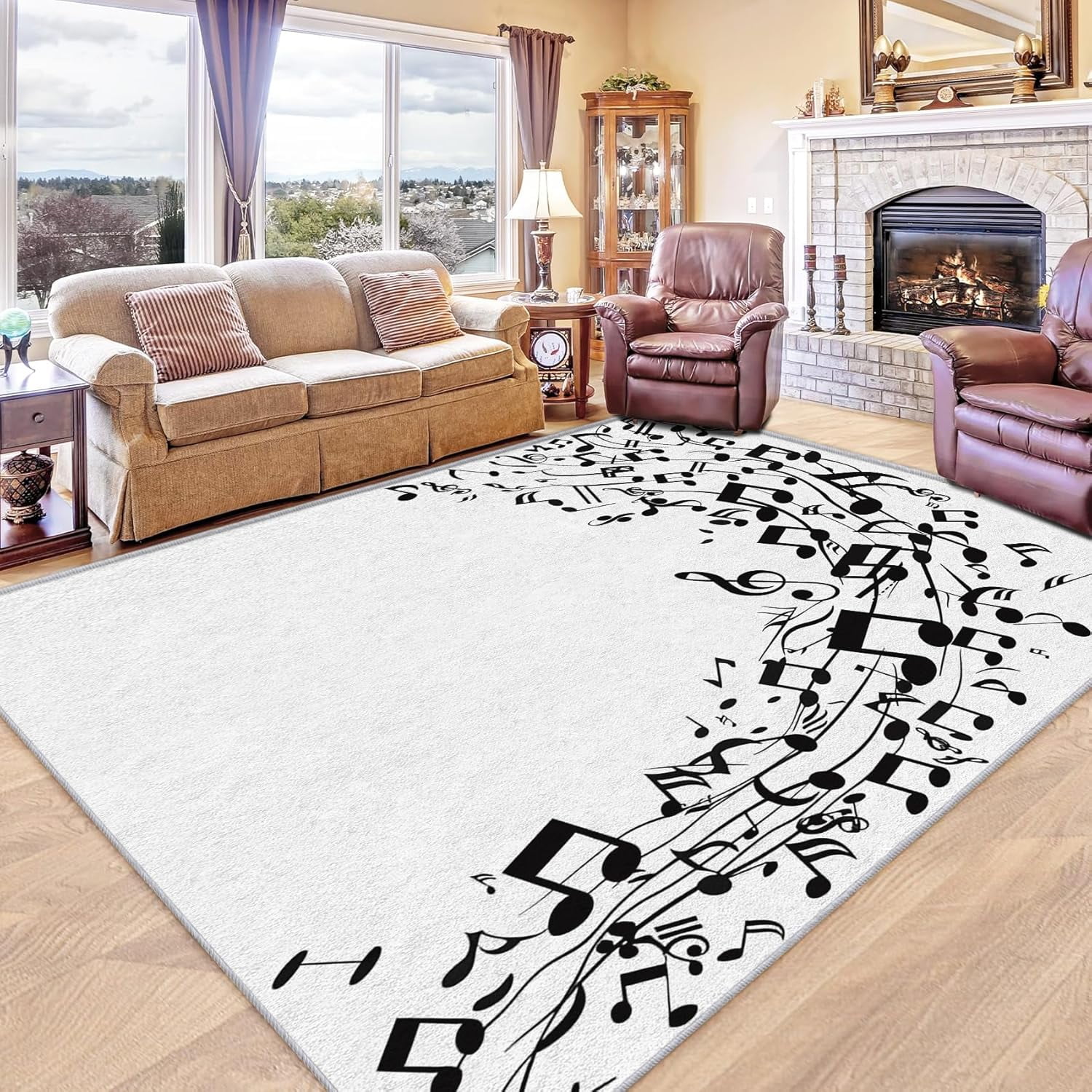 Music Note Rug, Washable Musical Rugs For Living Room Bedroom, Black ...